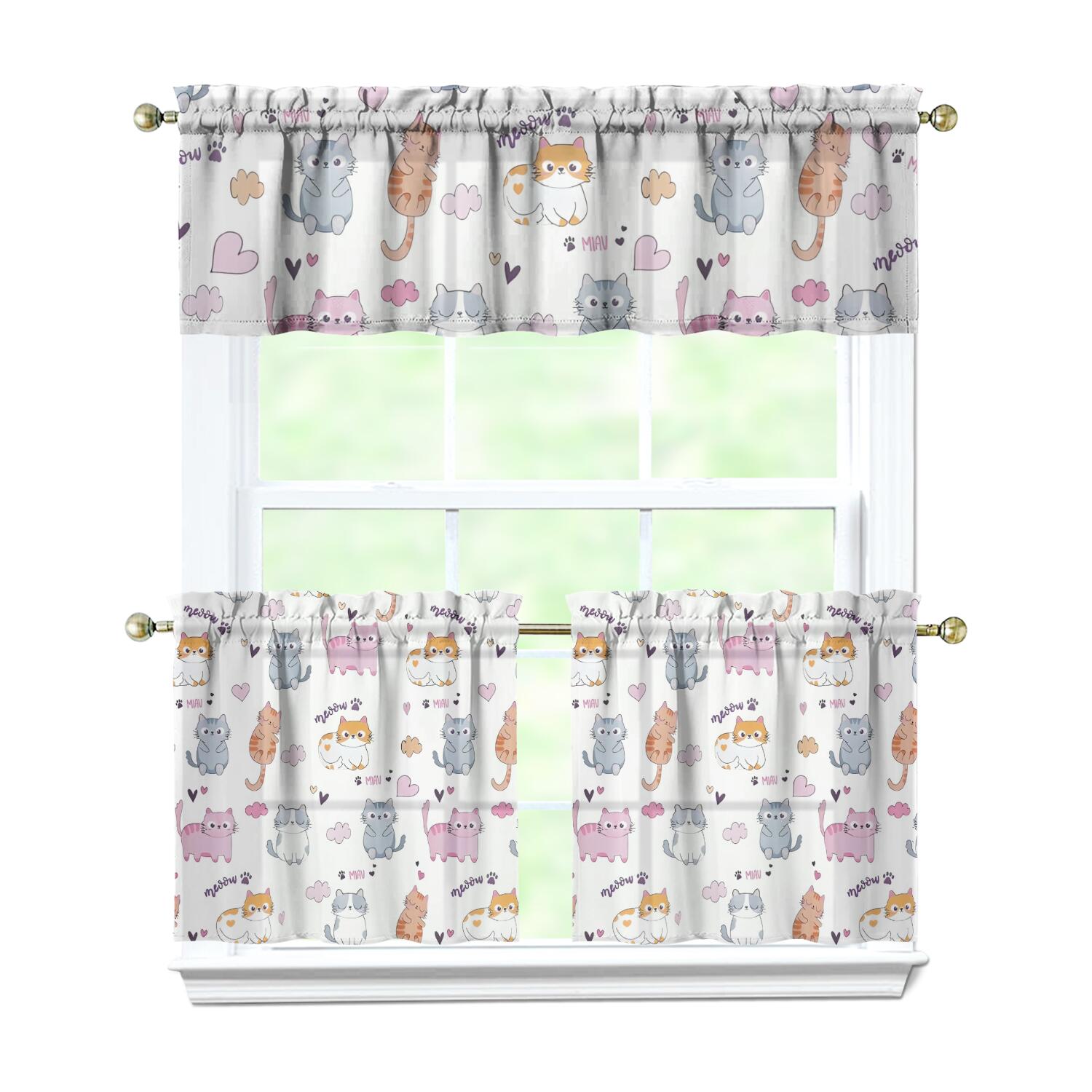 Kitchen Curtains 24 Inch Short - 3 Panel Set with Cute Cat Paw Pattern ...