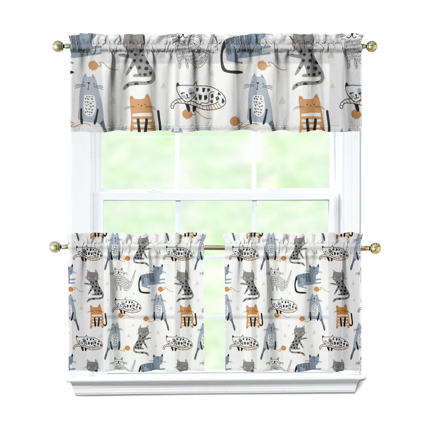 Kitchen Curtains 24 Inch Short - 3 Panel Set with Cute Cat Paw Pattern ...