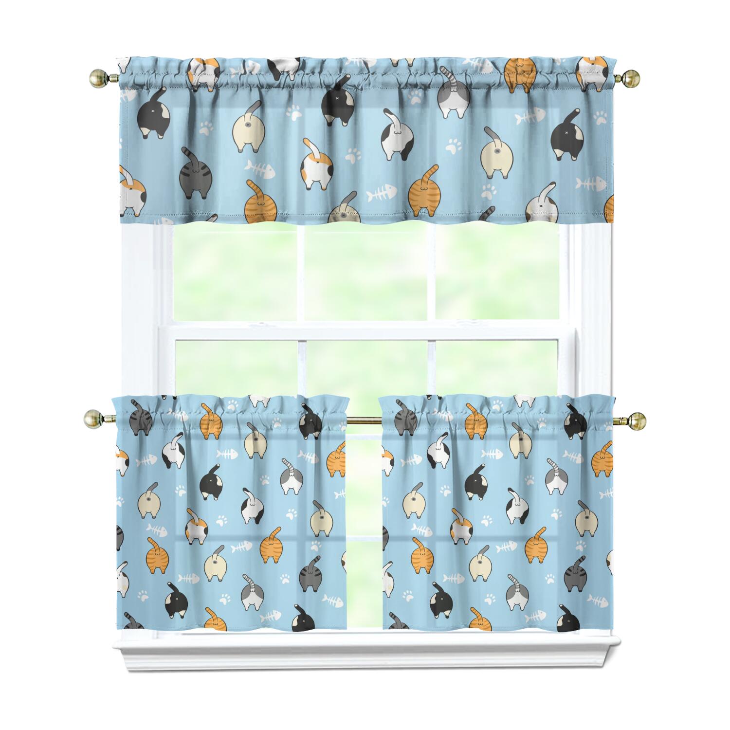 Kitchen Curtains 24 Inch Short - 3 Panel Set with Cute Cat Paw Pattern ...