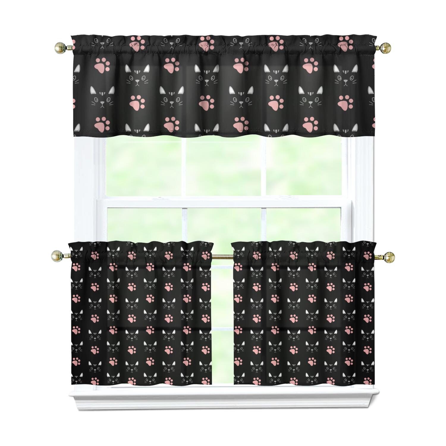 Kitchen Curtains 24 Inch Short - 3 Panel Set with Cute Cat Paw Pattern ...