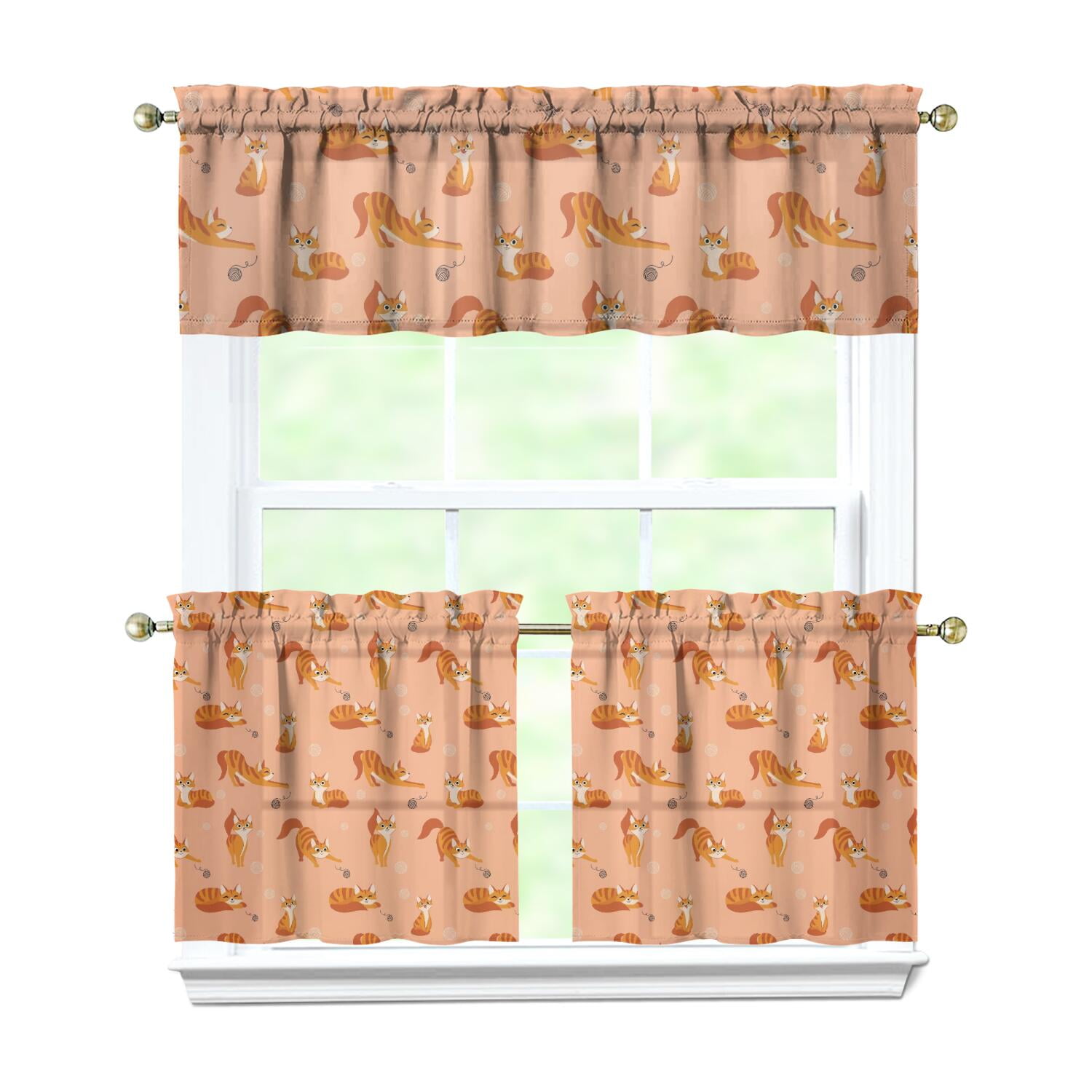Kitchen Curtains 24 Inch Short - 3 Panel Set with Cute Cat Paw Pattern ...