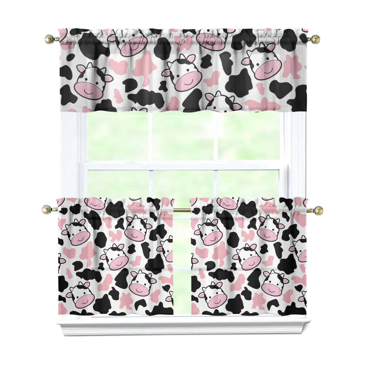 Kitchen Curtains 24 Inch Short - 3 Panel Set, Cute Cow Print Farmhouse ...