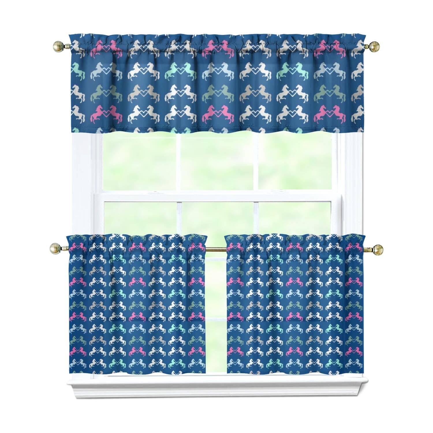Kitchen Curtains 24 Inch Short - 3 Panel Set, Cute Horse Pony Print ...