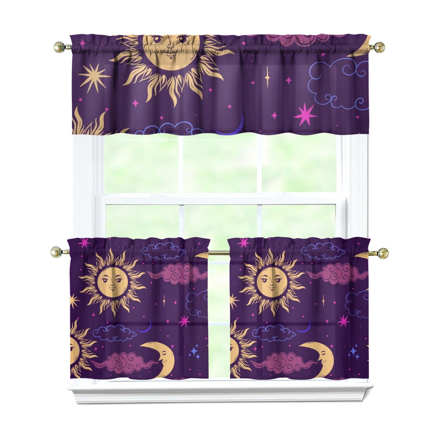 Kitchen Curtains 24 Inch Short - 3 Panel Set, Gothic Celestial Sun and Moon Print, Mystical ...