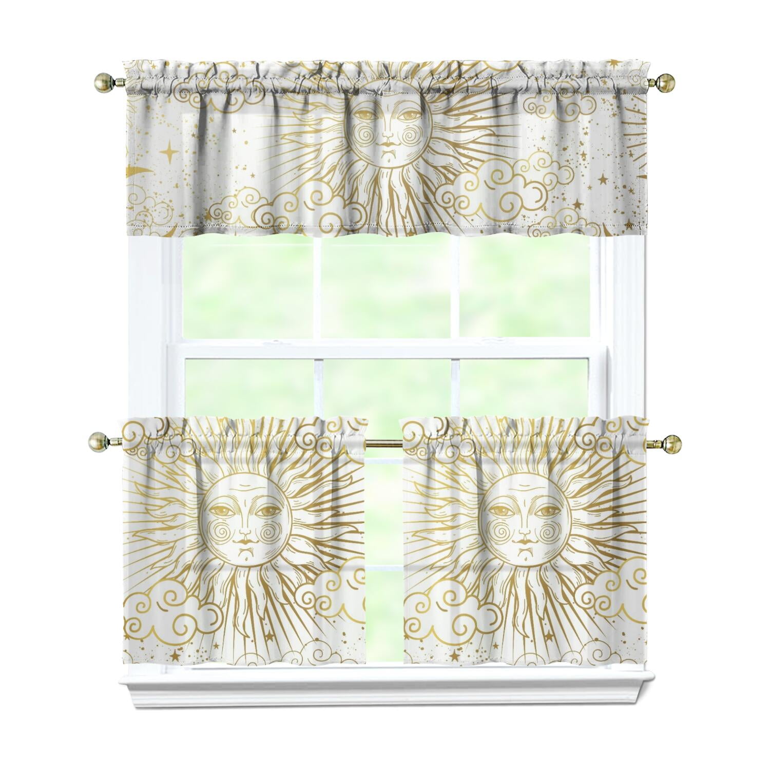 Kitchen Curtains 24 Inch Short - 3 Panel Set, Gothic Celestial Sun and ...