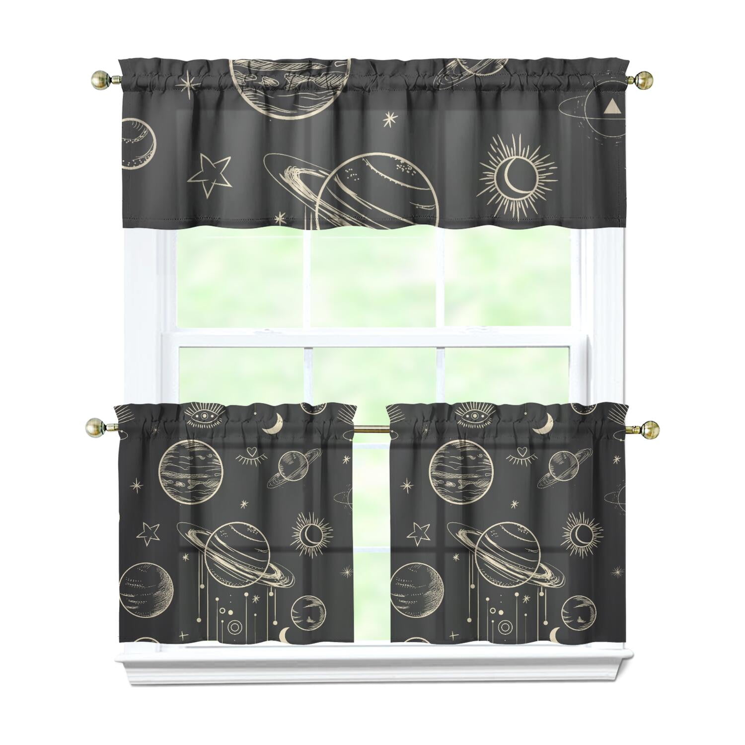 Kitchen Curtains 24 Inch Short - 3 Panel Set, Gothic Celestial Sun and ...
