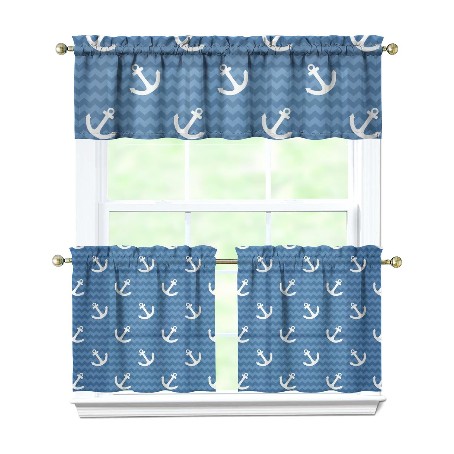 Kitchen Curtains 24 Inch Short - 3 Panel Set, Nautical Anchor ...