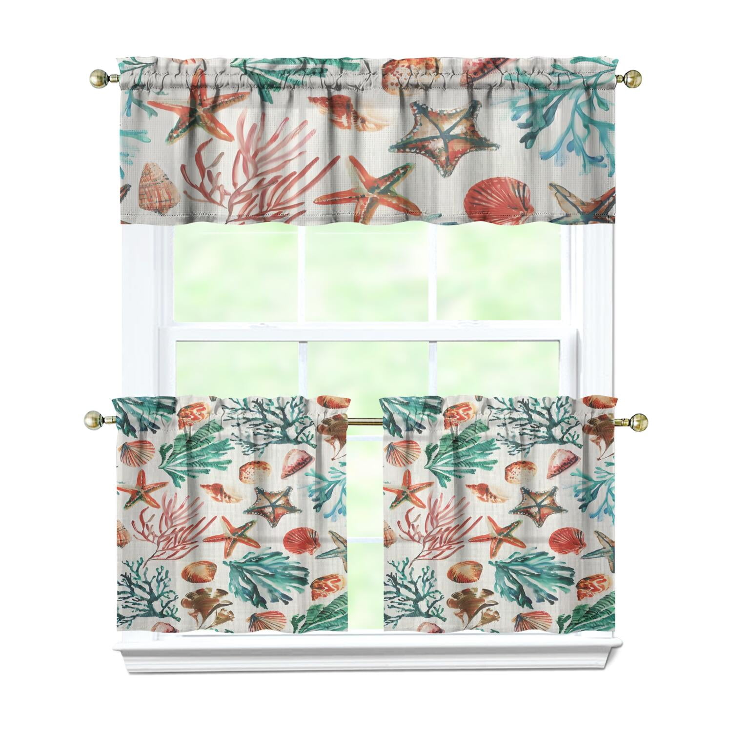 Kitchen Curtains 24 Inch Short - 3 Panel Set, Nautical Starfish Beach ...