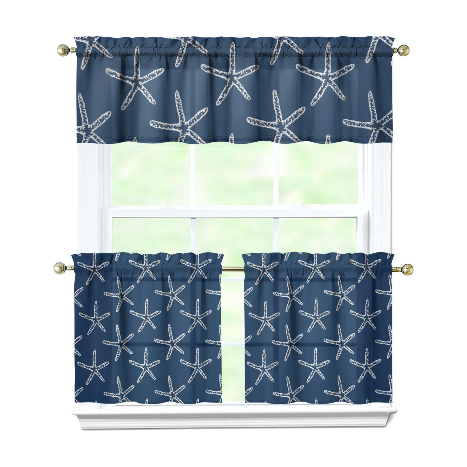 Kitchen Curtains 24 Inch Short - 3 Panel Set, Nautical Starfish Beach ...
