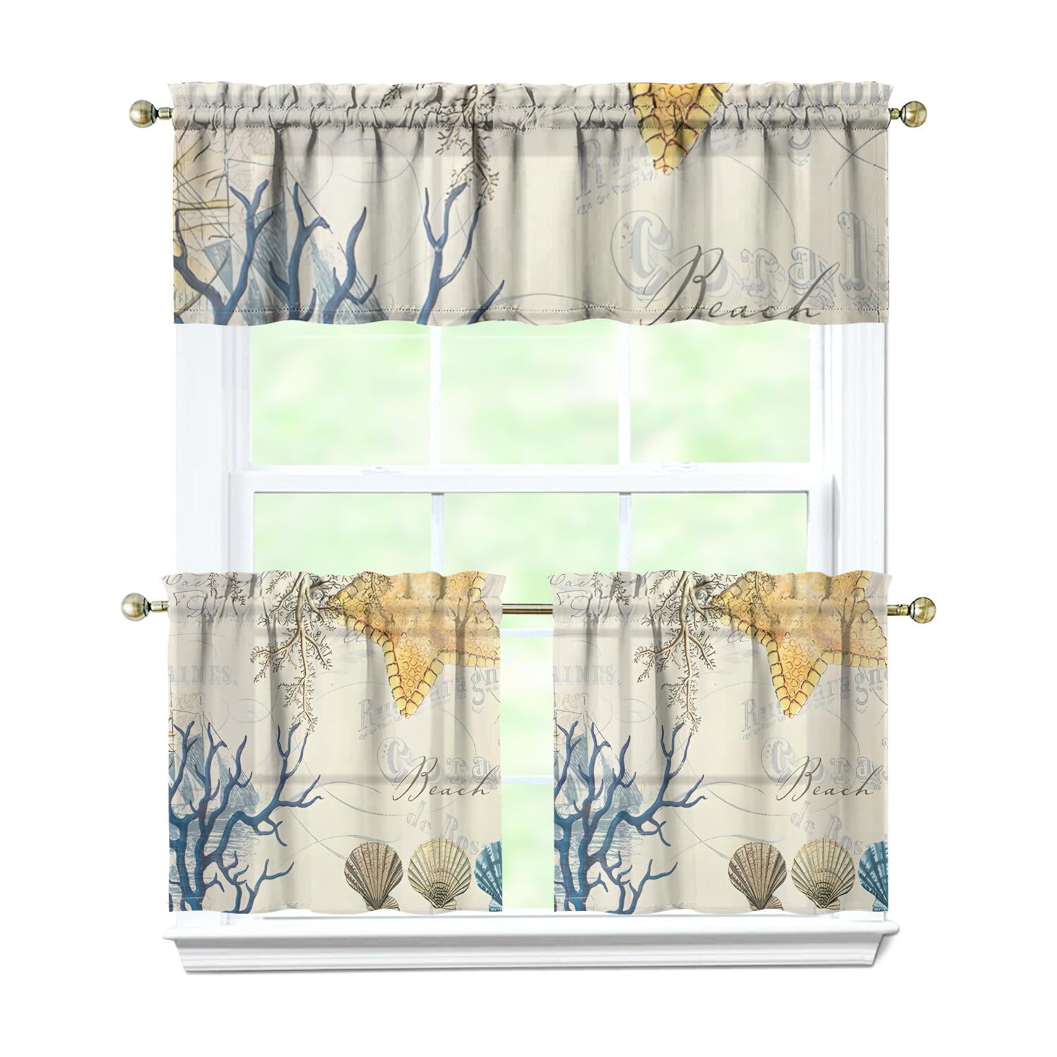 Kitchen Curtains 24 Inch Short - 3 Panel Set, Nautical Starfish Beach ...