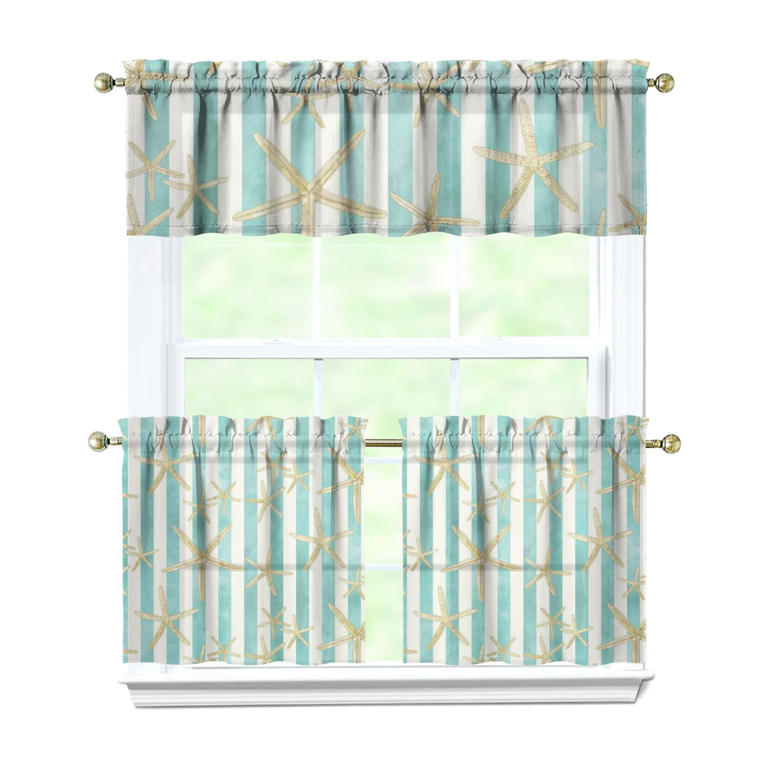 Kitchen Curtains 24 Inch Short - 3 Panel Set, Nautical Starfish Beach ...