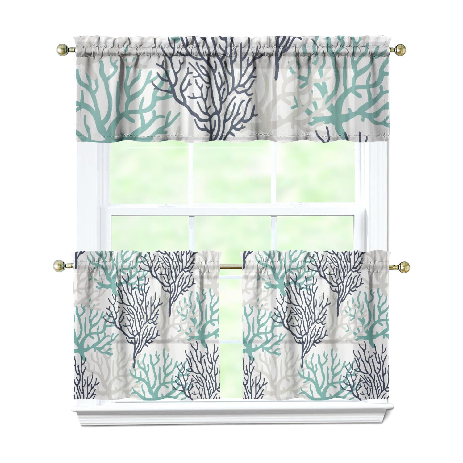 Kitchen Curtains 24 Inch Short - 3 Panel Set, Seashell Starfish ...