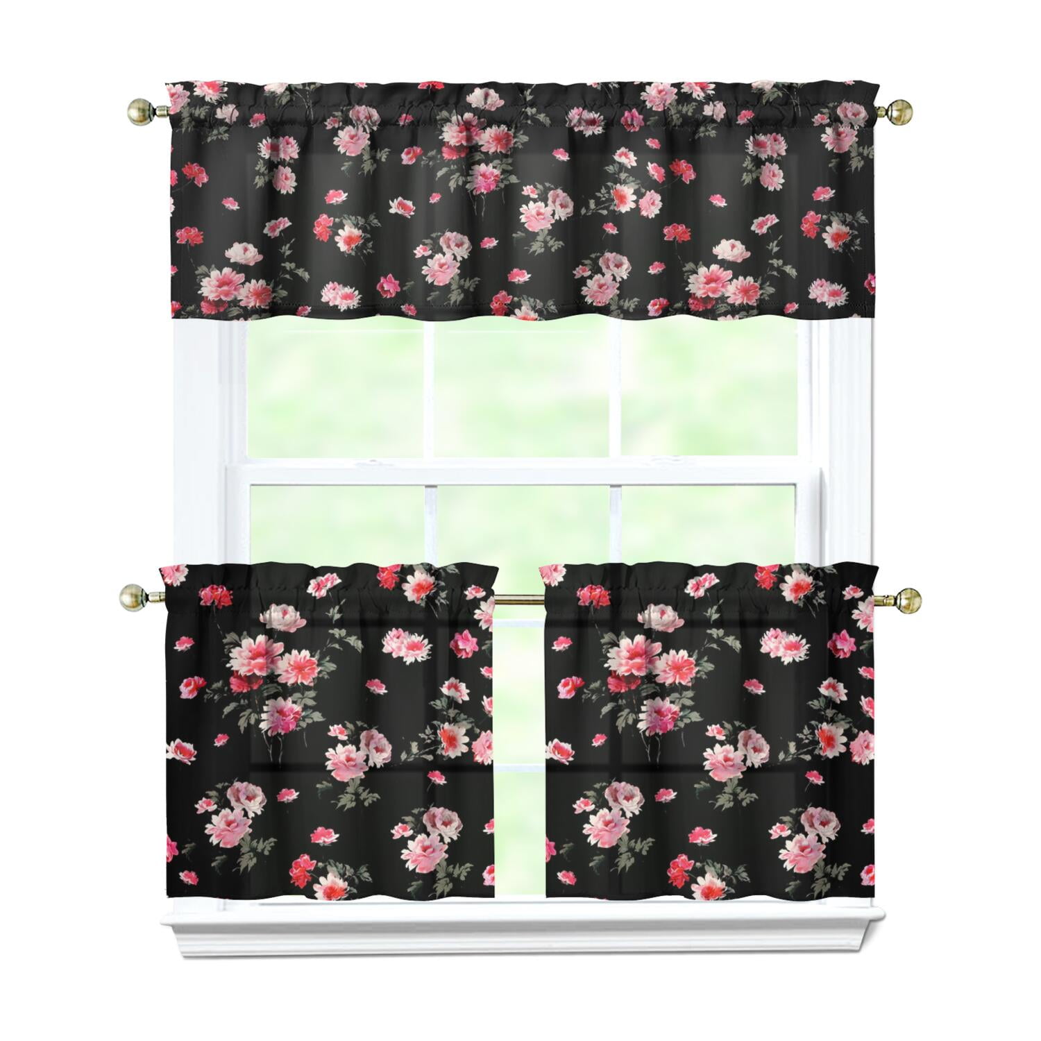 Kitchen Curtains 24 Inch Short - 3 Panel Set, Vintage Floral Butterfly ...