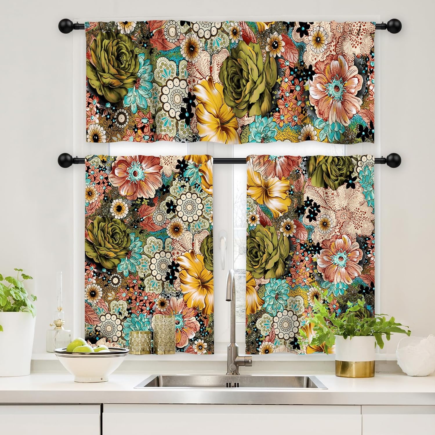 Kitchen Curtains 3 Piece Set, Bohemian Mandala Floral Kitchen Curtains ...