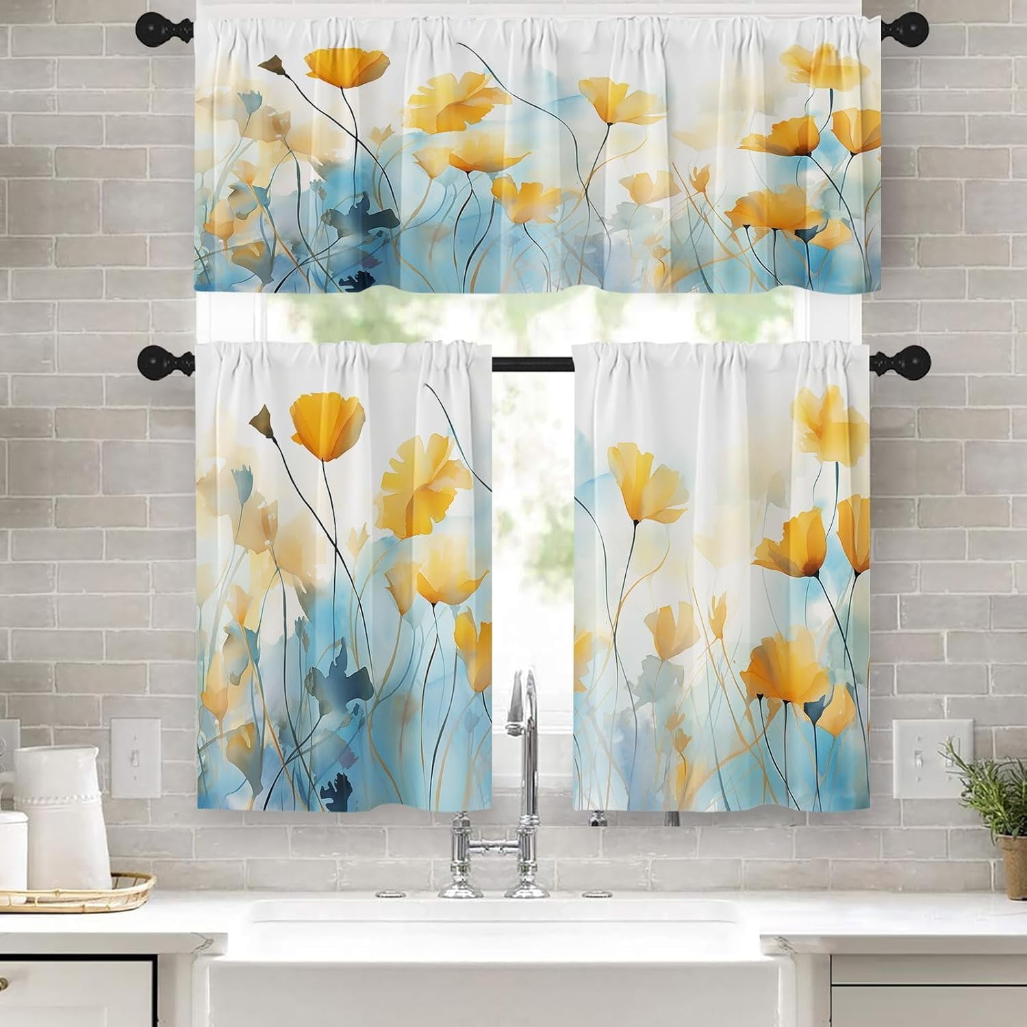 Kitchen Curtains 3 Piece Set,Yellow and Blue Curtains for Kitchen ...