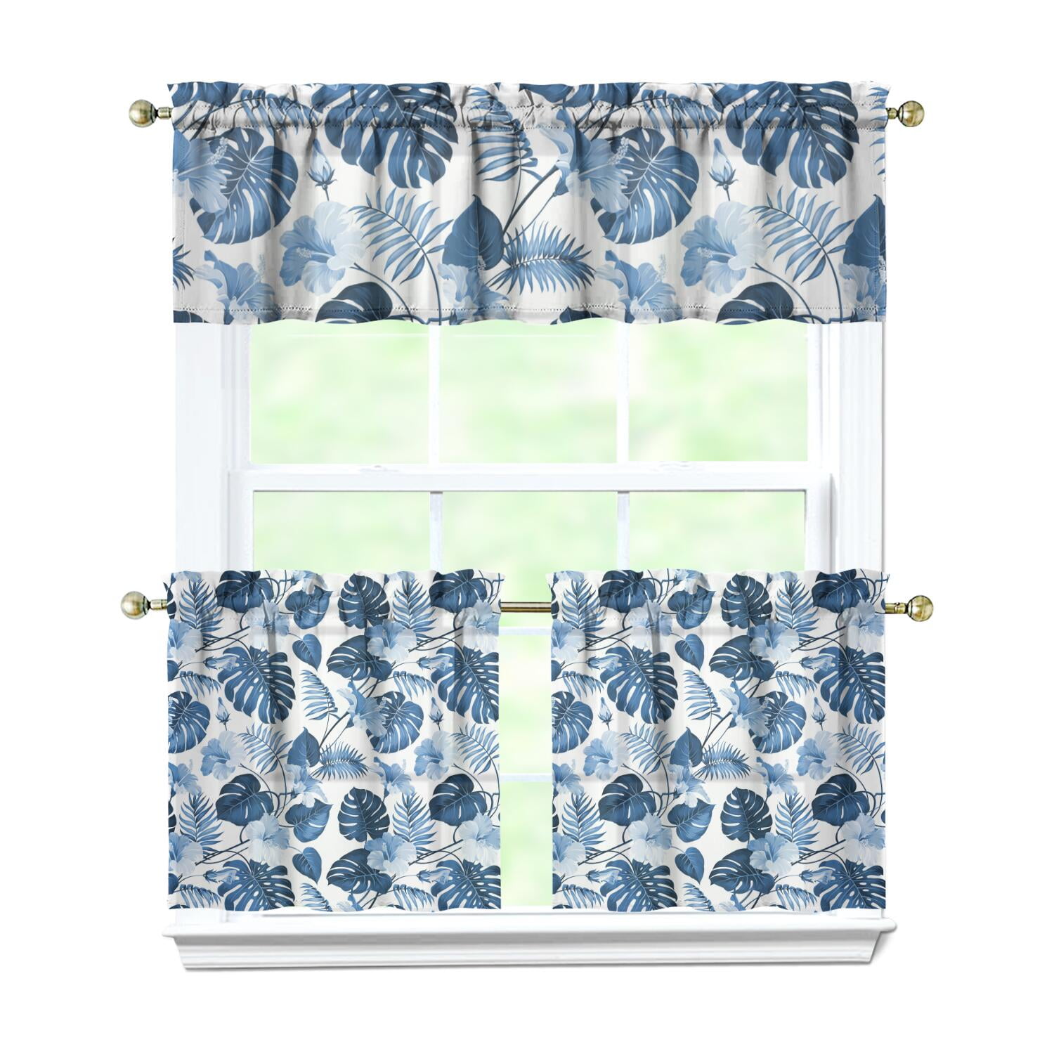 Kitchen Curtains 3 Piece Set with Tropical Flowers and Palm Leaves, 27 ...