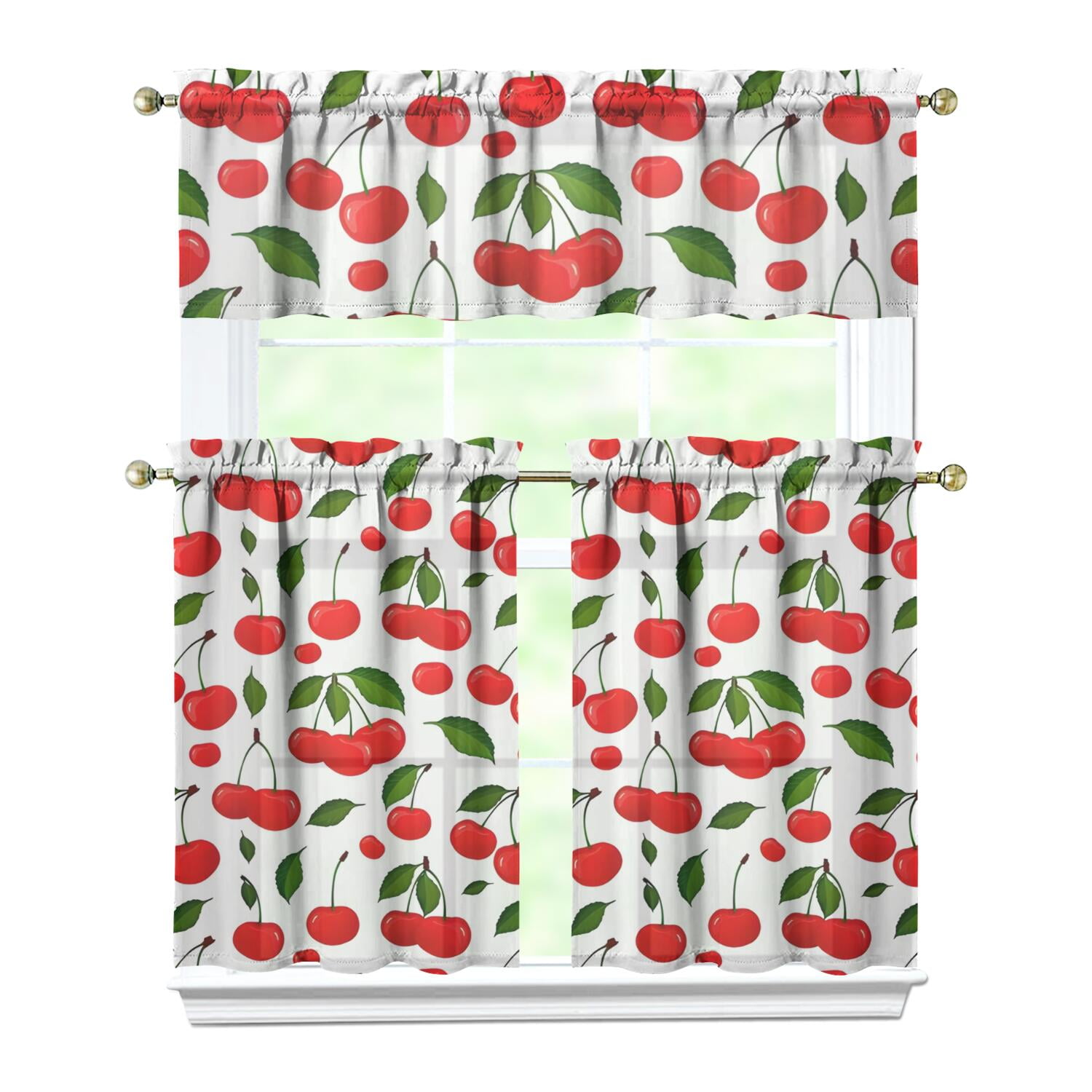 Kitchen Curtains 36 Inch Short - 3 Panel Set Cherry Print, Rod Pocket ...
