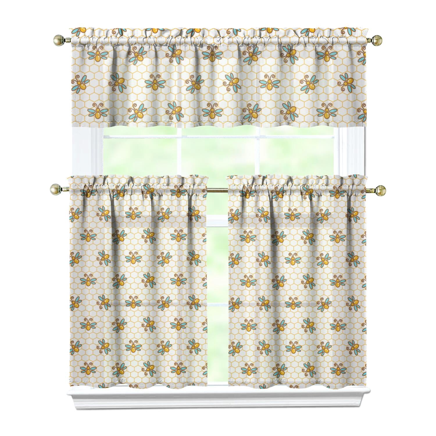 Kitchen Curtains 36 Inch Short - 3 Panel Set with Cute Bumble Bee and ...