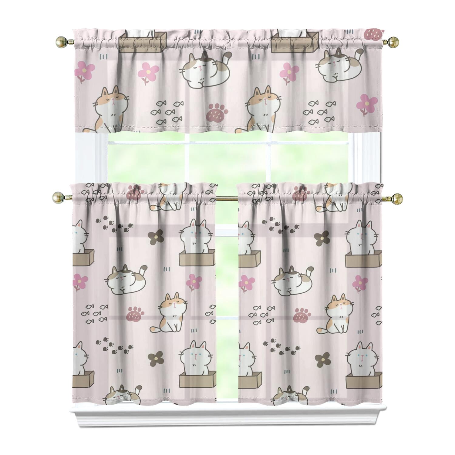 Kitchen Curtains 36 Inch Short - 3 Panel Set with Cute Cat Paw Pattern ...