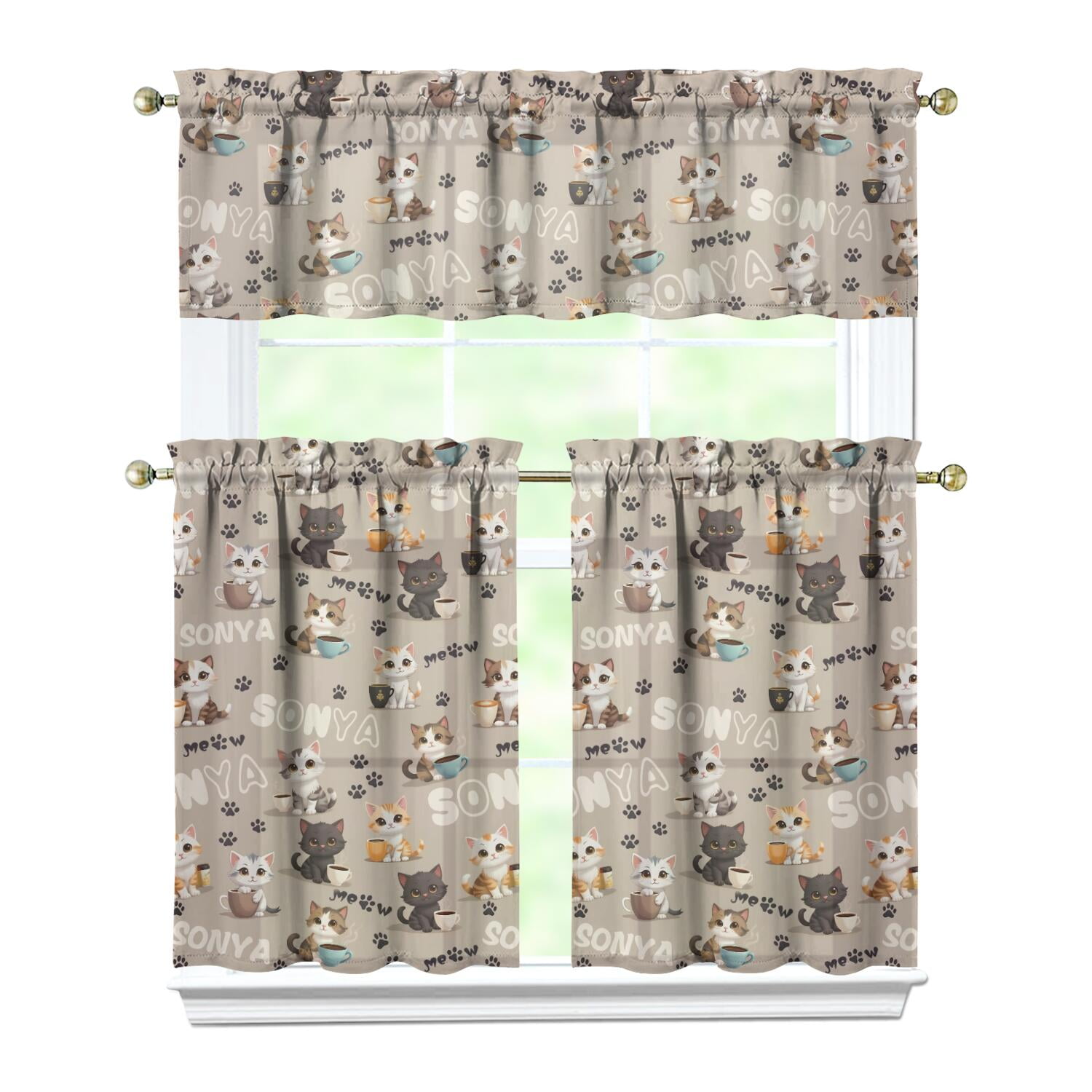 Kitchen Curtains 36 Inch Short - 3 Panel Set with Cute Cat Paw Pattern ...