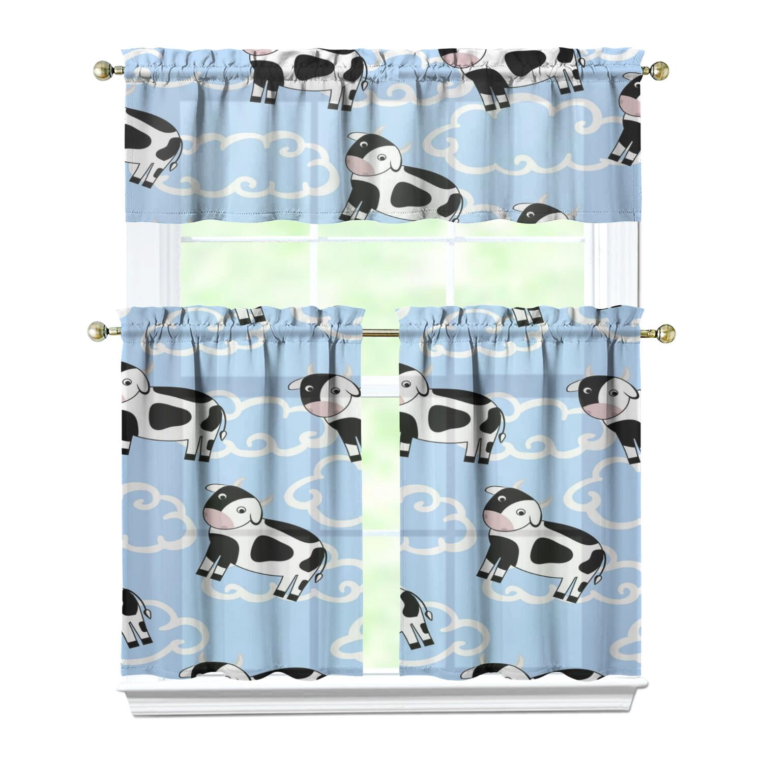 Kitchen Curtains 36 Inch Short - 3 Panel Set, Cute Cow Print Farmhouse ...