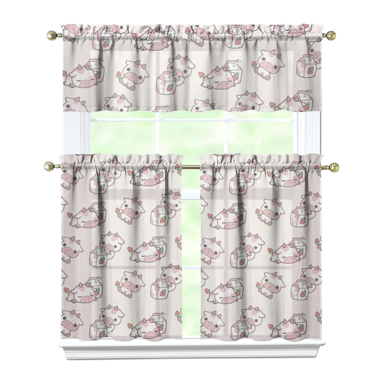 Kitchen Curtains 36 Inch Short - 3 Panel Set, Cute Cow Print Farmhouse ...