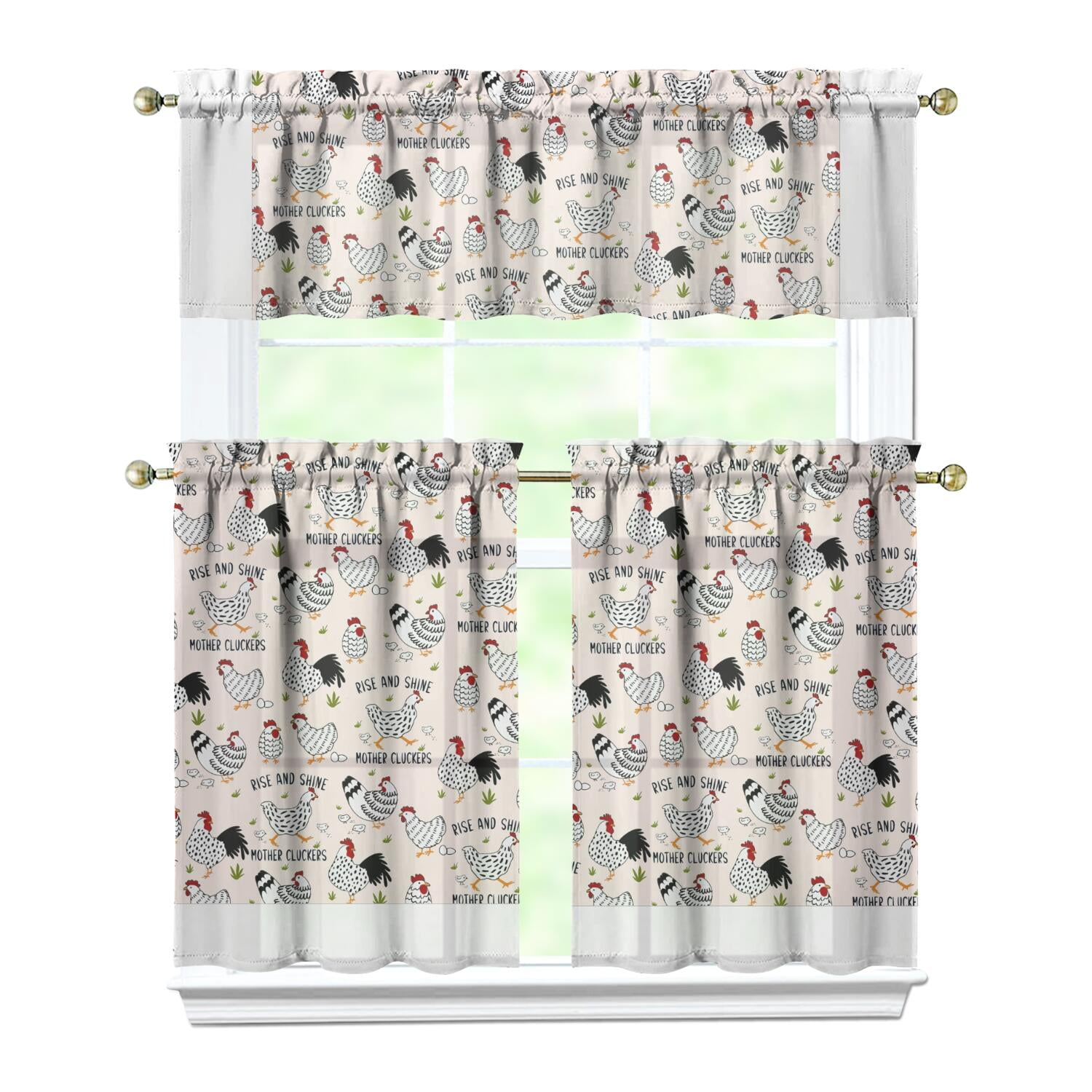 Kitchen Curtains 36 Inch Short - 3 Panel Set with Cute Farmhouse Egg ...