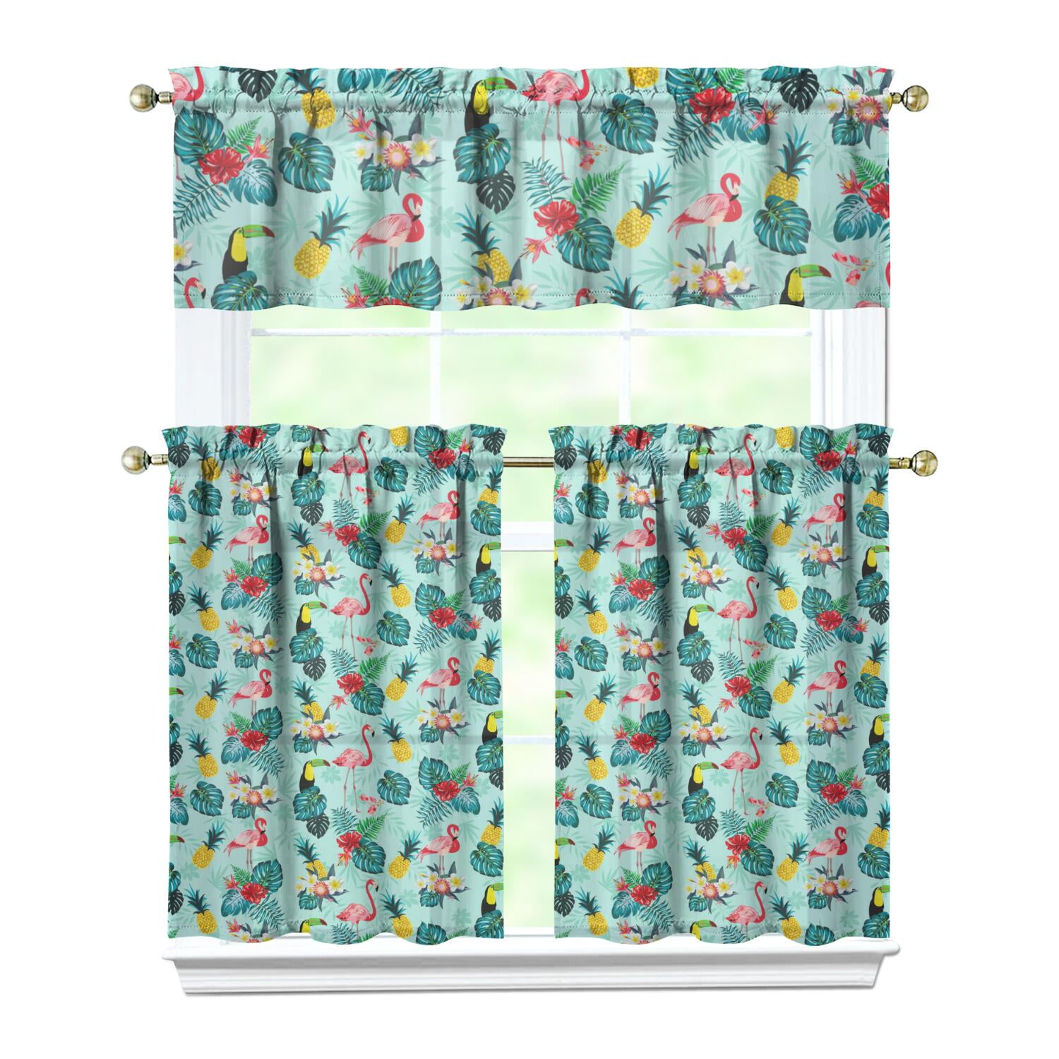 Kitchen Curtains 36 Inch Short - 3 Panel Set, Flamingo Tropical Bird ...