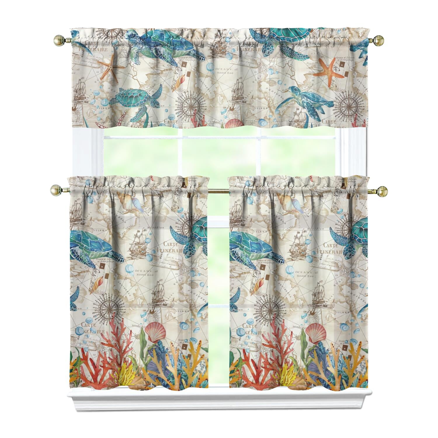 Kitchen Curtains 36 Inch Short - 3 Panel Set, Hawaiian Sea Turtle Ocean ...