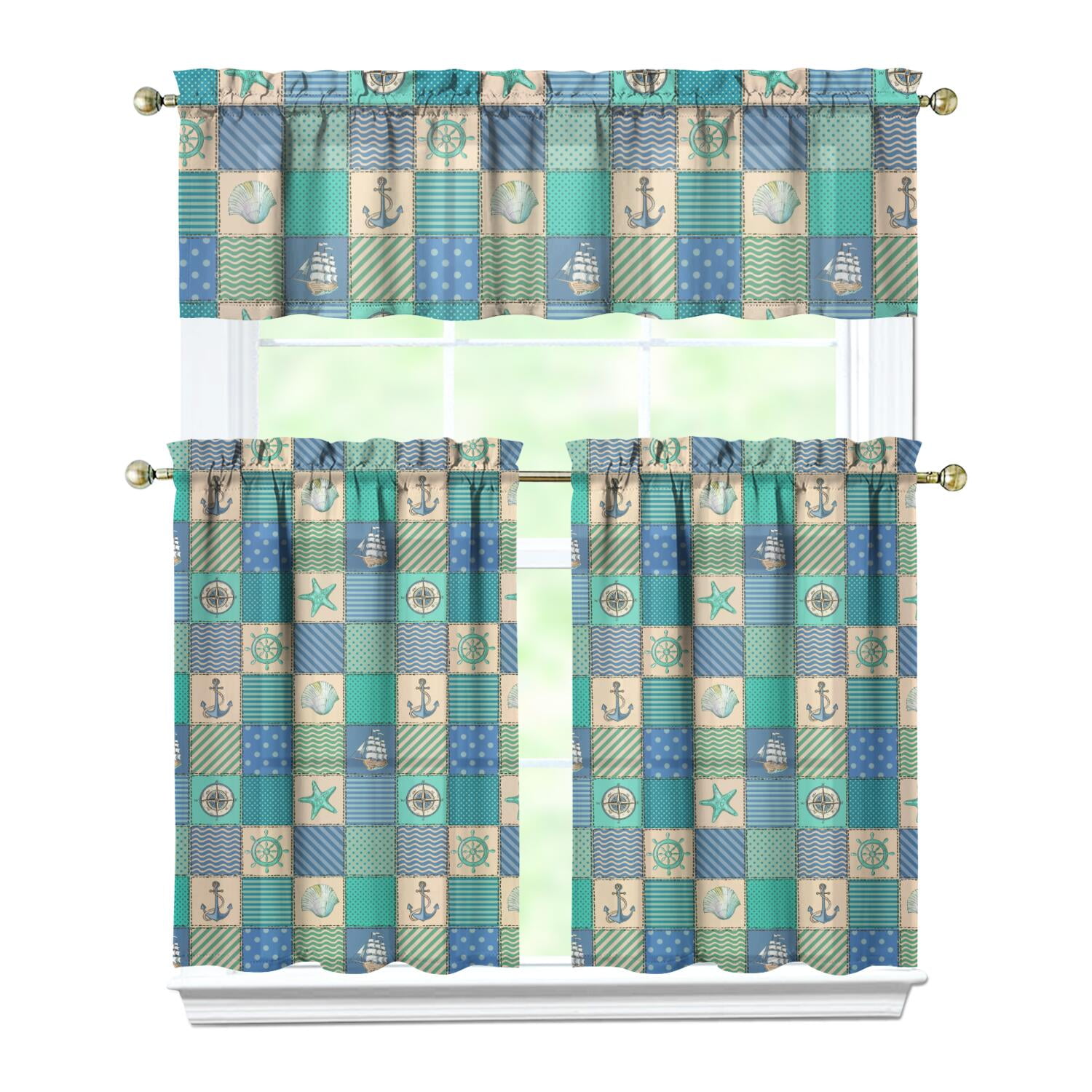 Kitchen Curtains 36 Inch Short - 3 Panel Set, Seashell Starfish ...