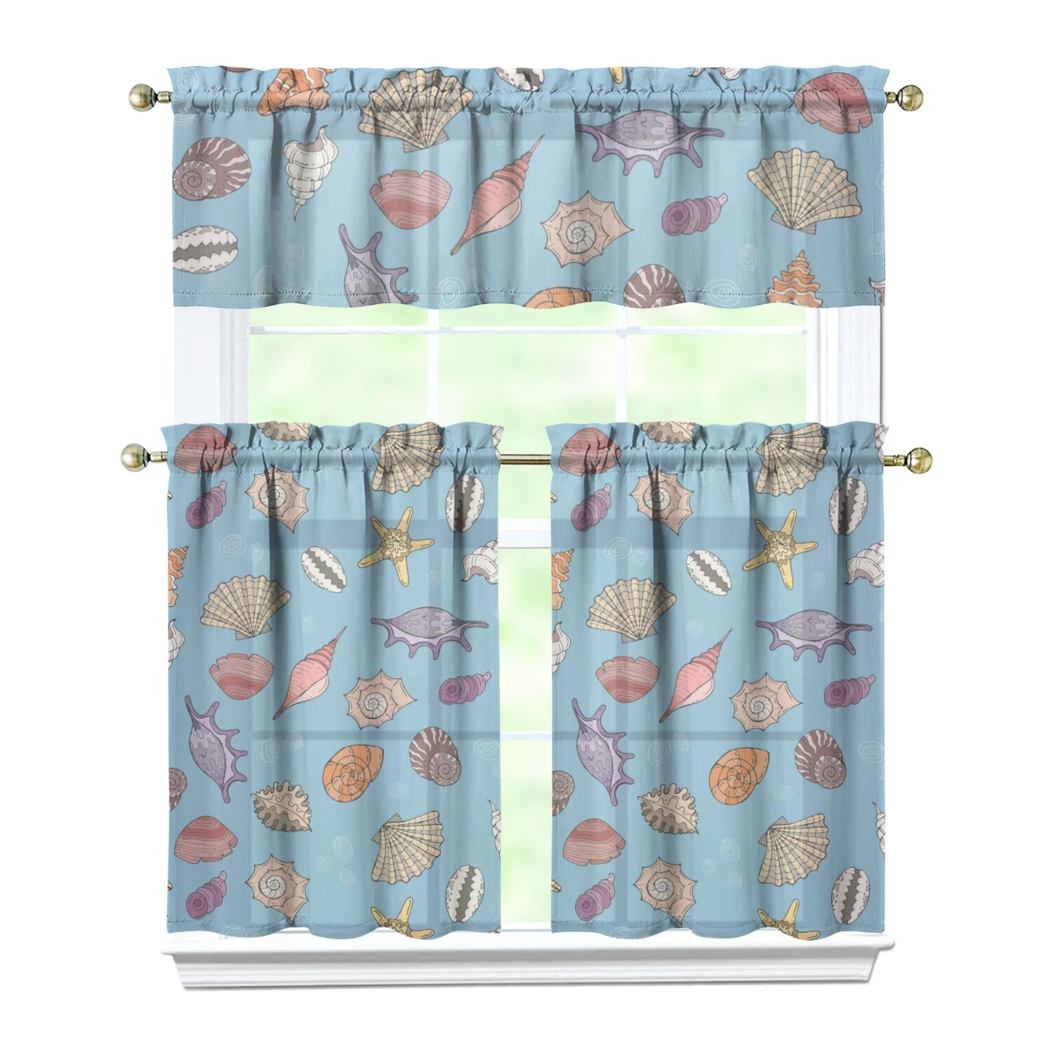 Kitchen Curtains 36 Inch Short - 3 Panel Set, Seashell Starfish ...