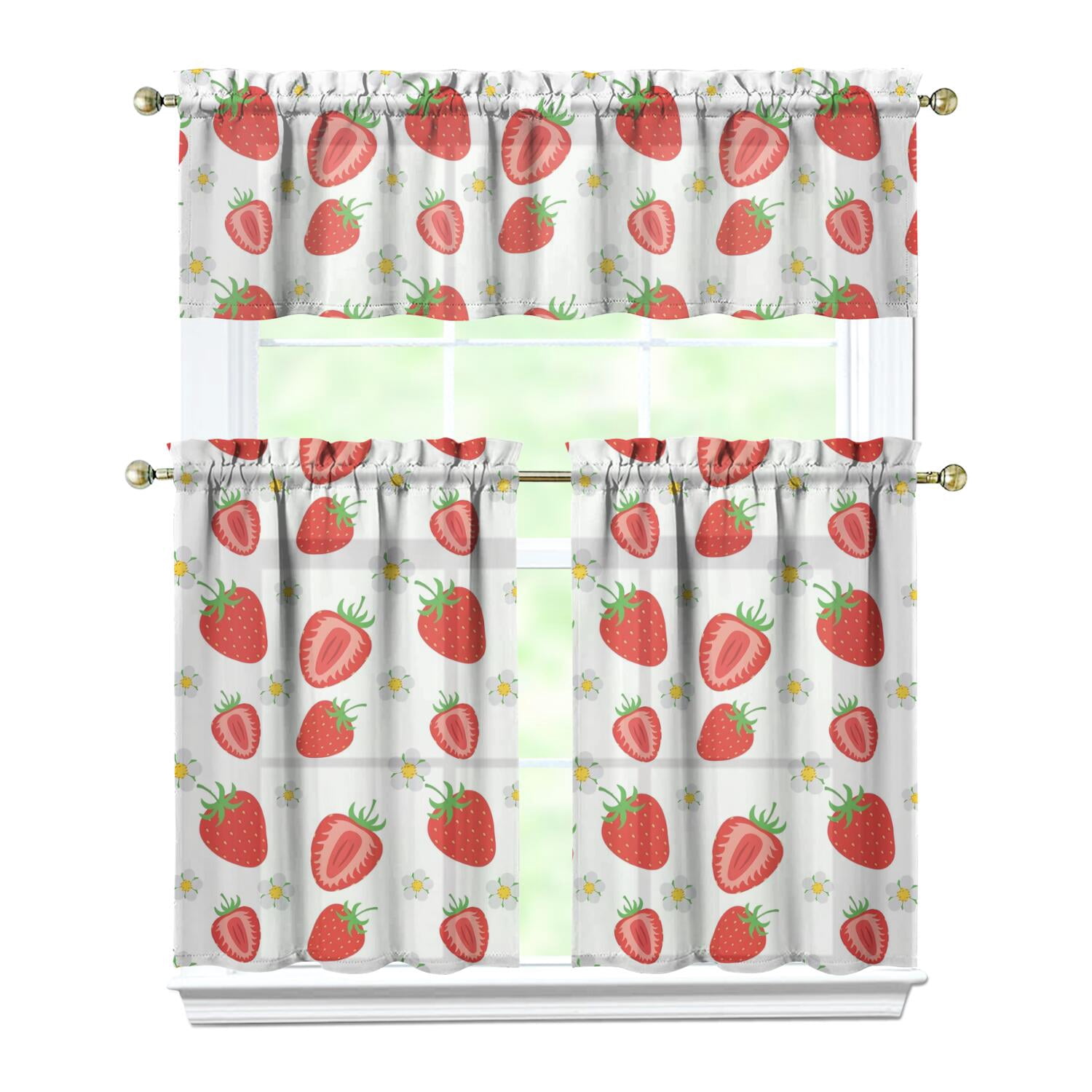 Kitchen Curtains 36 Inch Short - 3 Panel Set Strawberry Print, Rod ...