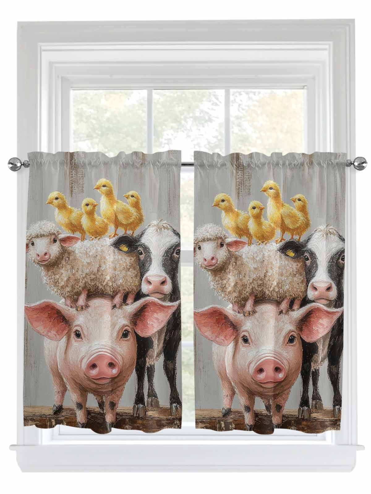 Kitchen Curtains 54 Inches length, Farm Pig Cow Window Treatment ...