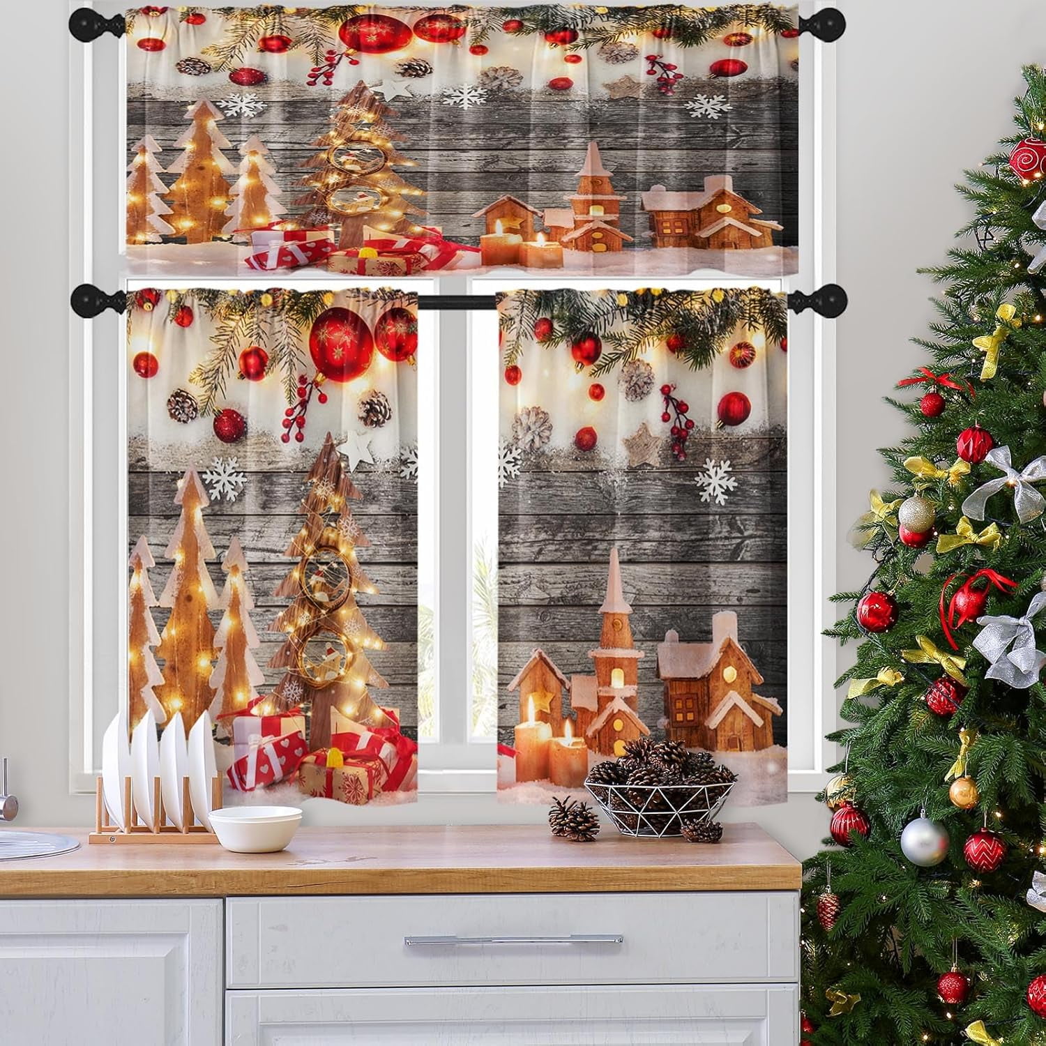 Kitchen Curtains Christmas Wood Planks Pine Cone Valances and Window ...