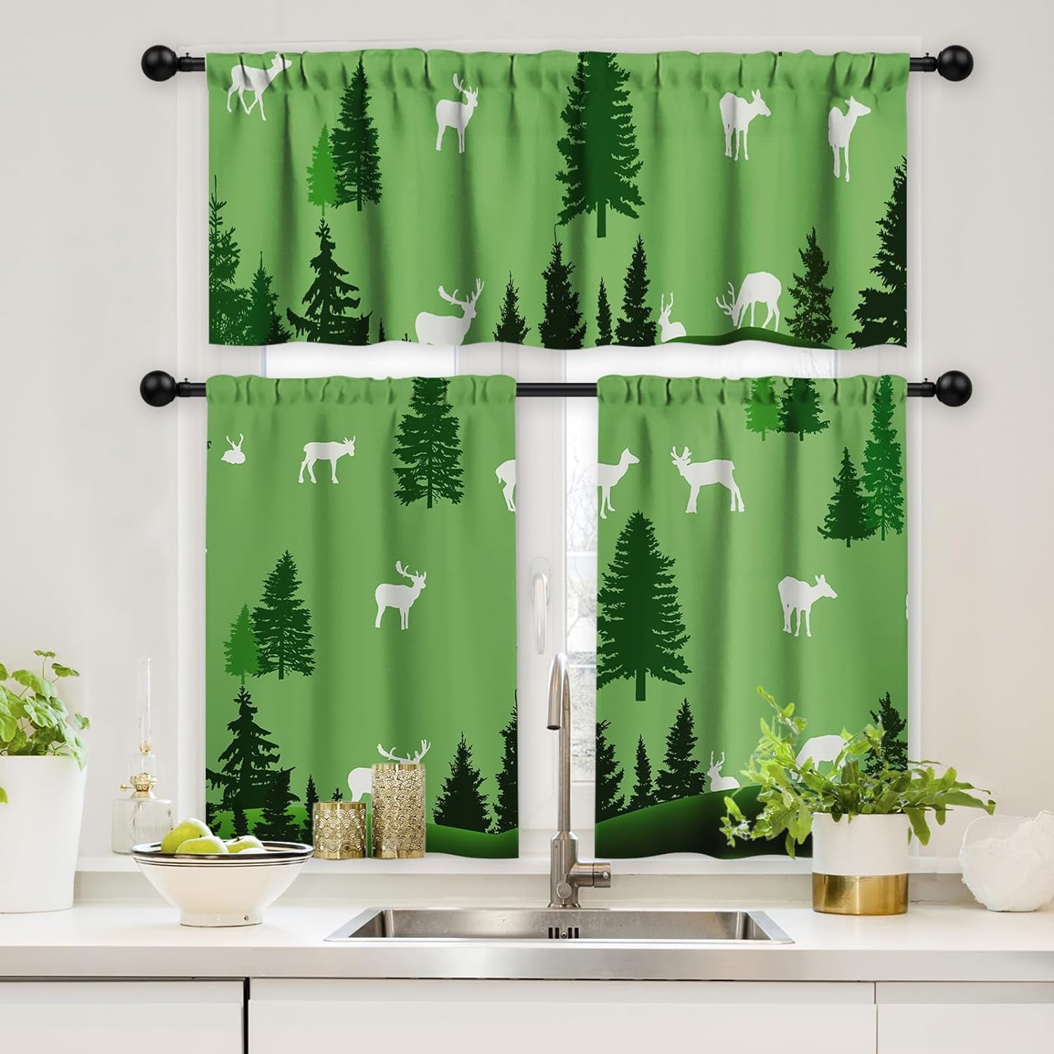 Kitchen Curtains Green Forest Deer Set 3 Piece for Window Curtains ...