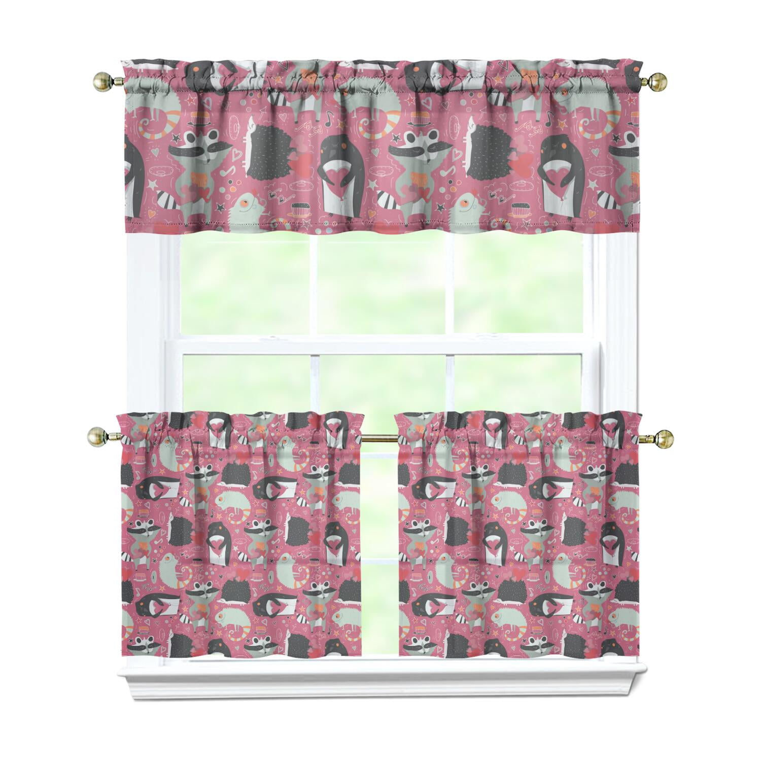 Kitchen Curtains Set of 3 - Cute Hedgehog & Forest Scene Print, Light ...