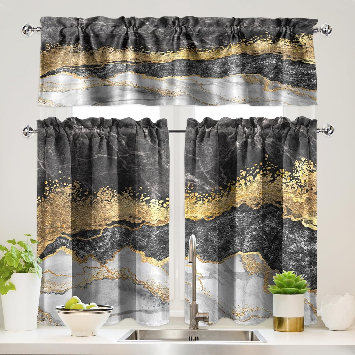 Kitchen Curtains Set, 3 Piece Black Gold Marble Curtains Tiers and ...