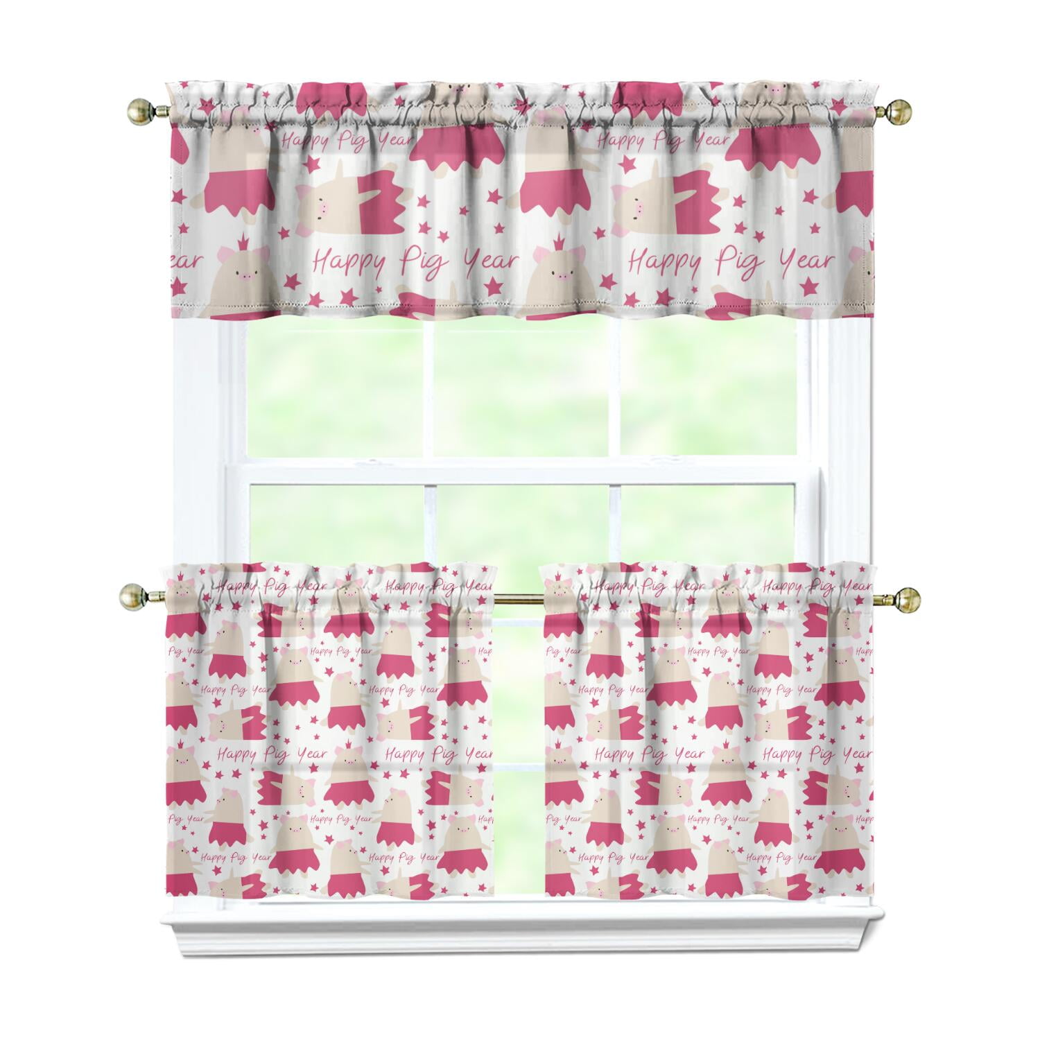 Kitchen Curtains Set of 3 with Valance - Funny Farm Pig Print ...
