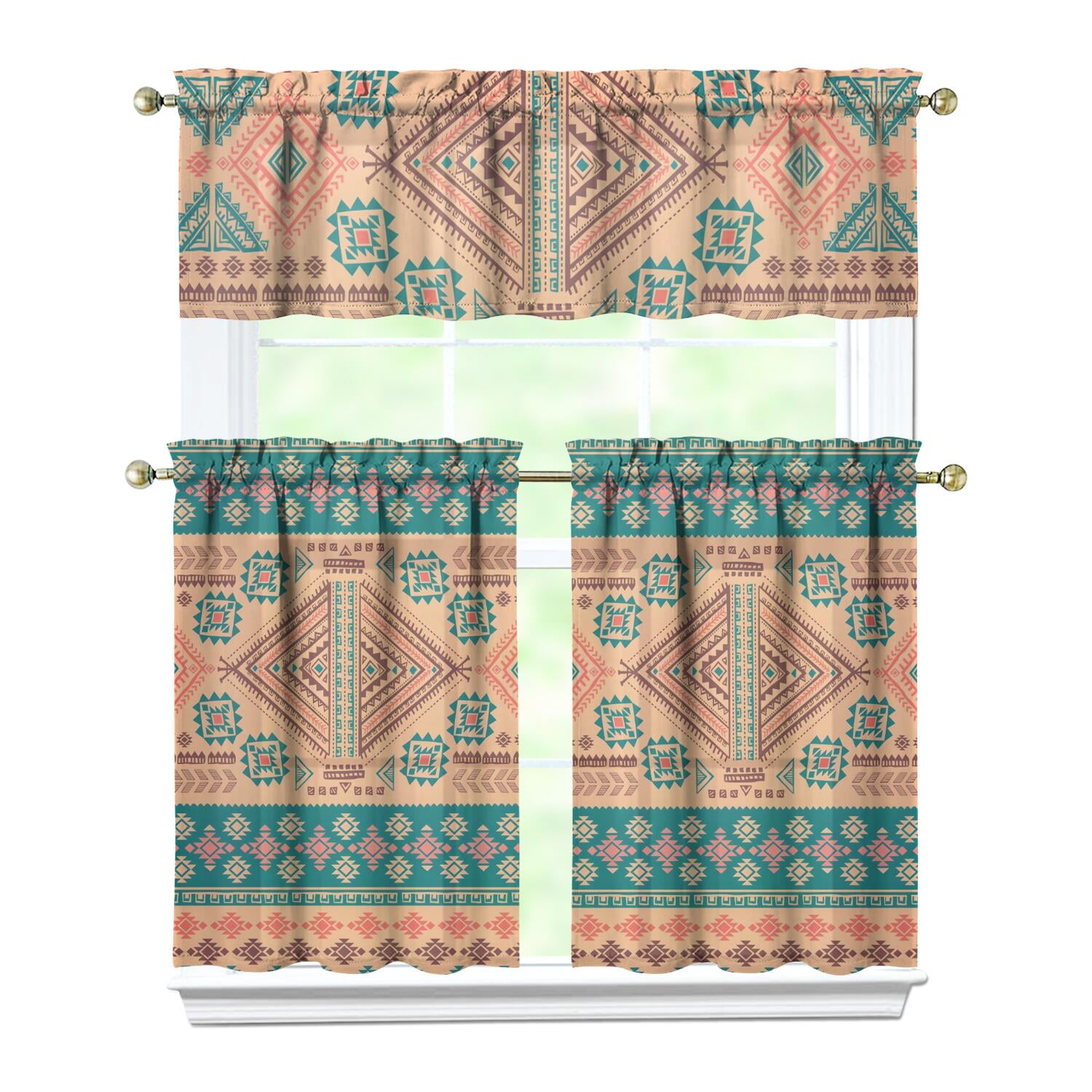 Kitchen Curtains Set Boho Bohemian Style Tier and Valance Set with ...