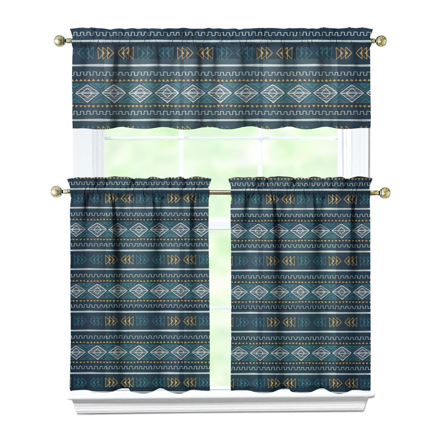 Kitchen Curtains Set Boho Chic Vintage Tribal Tier and Valance Bohemian ...