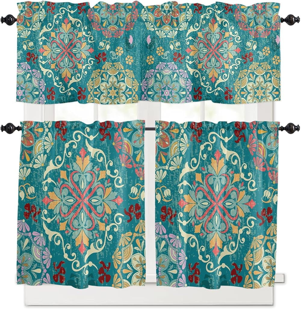 Kitchen Curtains Set Boho Teal Kitchen Curtains and Valances Set ...