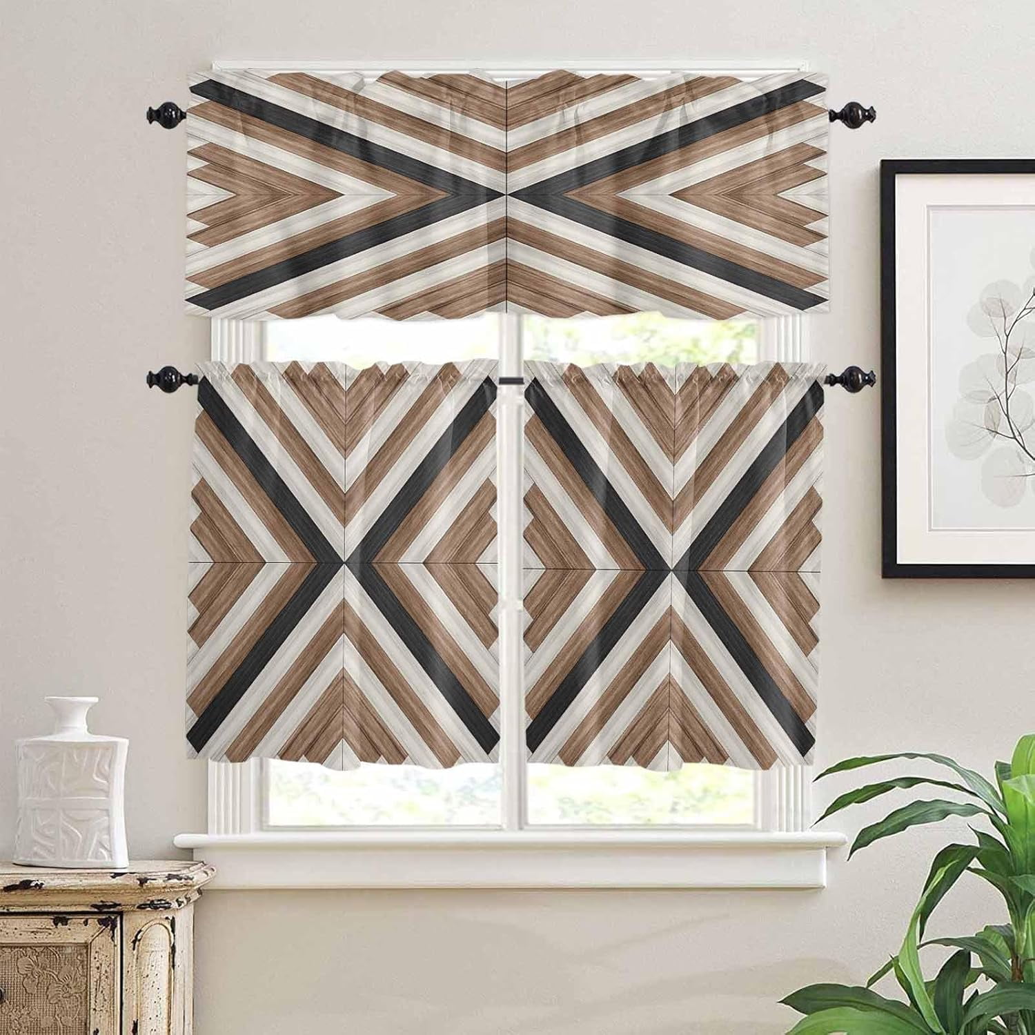 Kitchen Curtains Set, Brown Black Kitchen Curtains and Valances Set ...