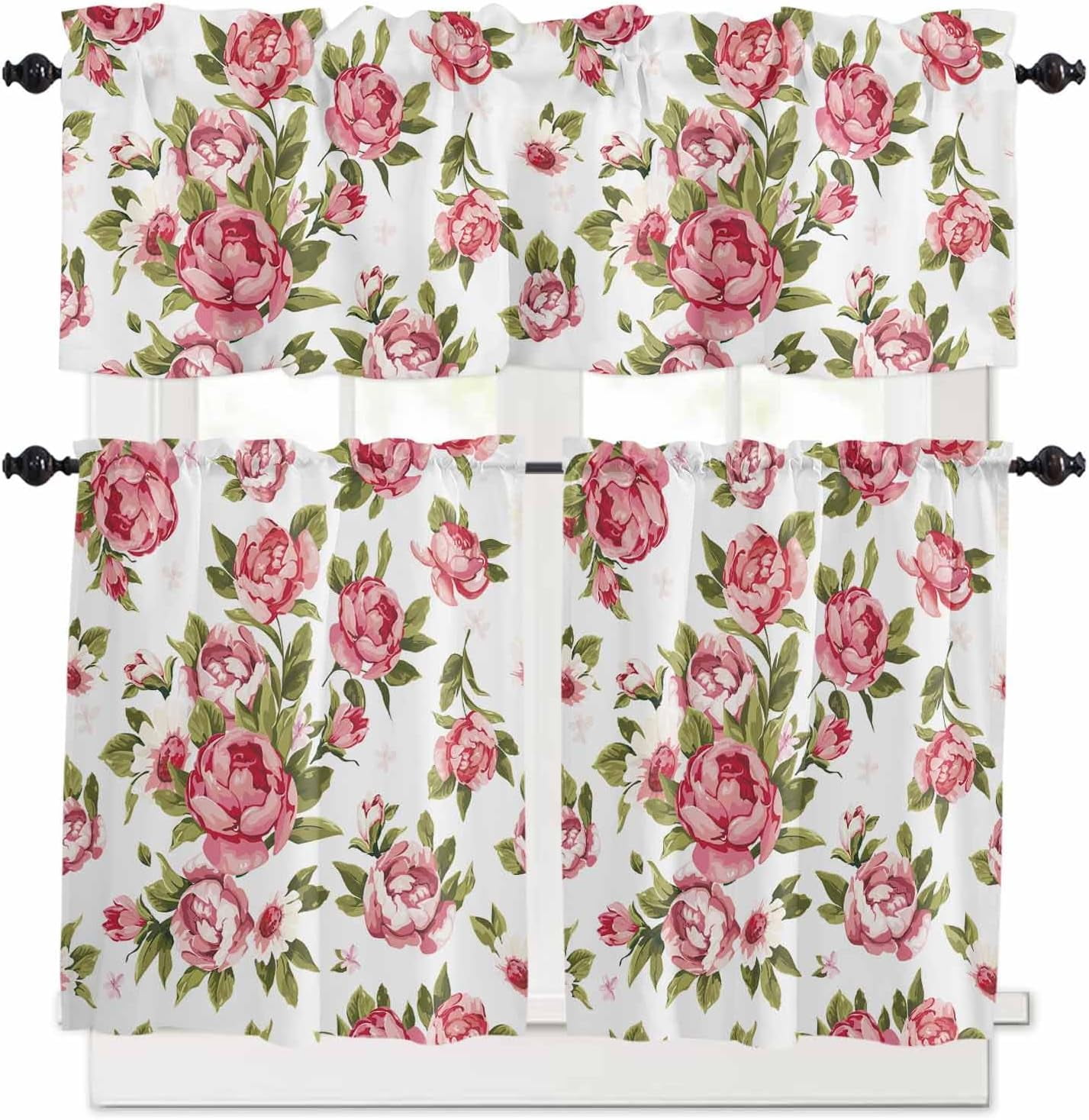 Kitchen Curtains Set, Pink Floral Rustic Kitchen Curtains and Valances ...