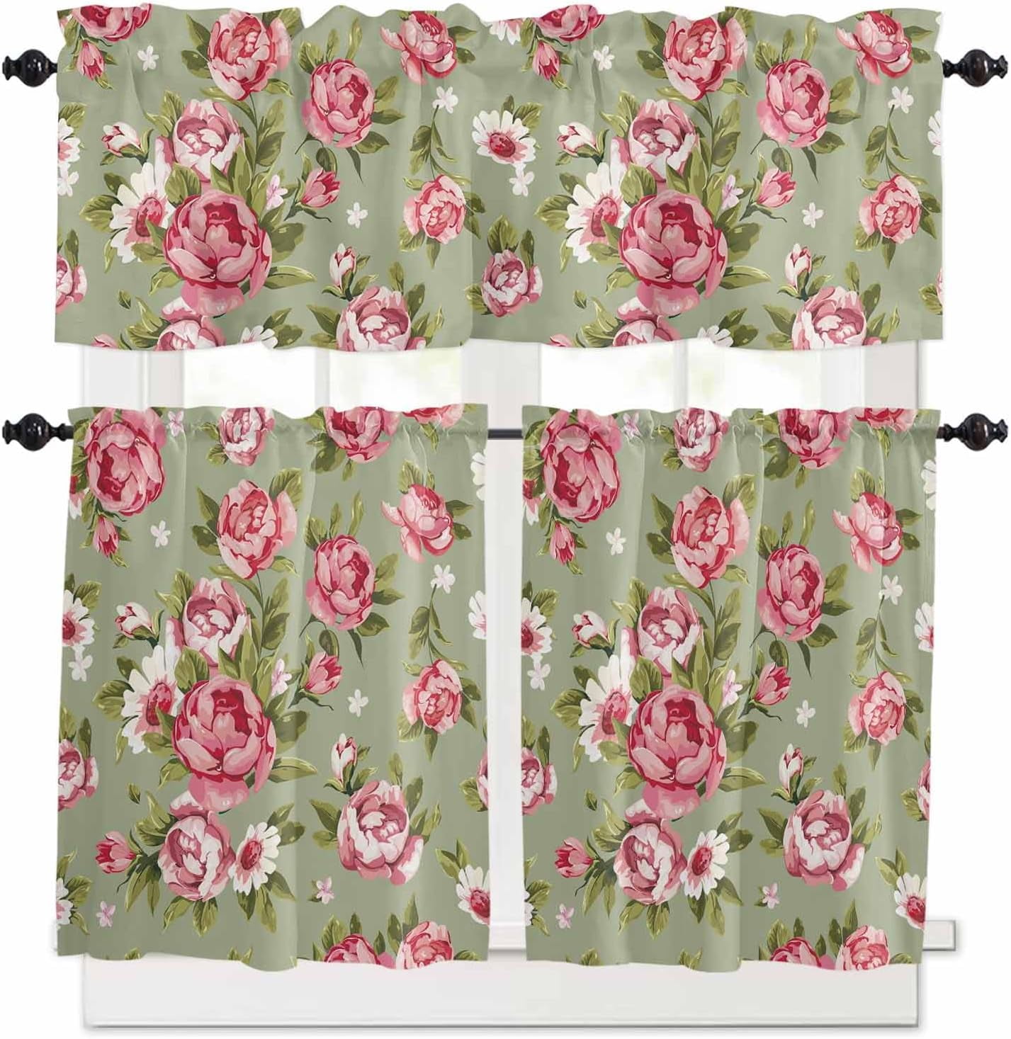 Kitchen Curtains Set, Pink Floral Rustic Kitchen Curtains and Valances ...