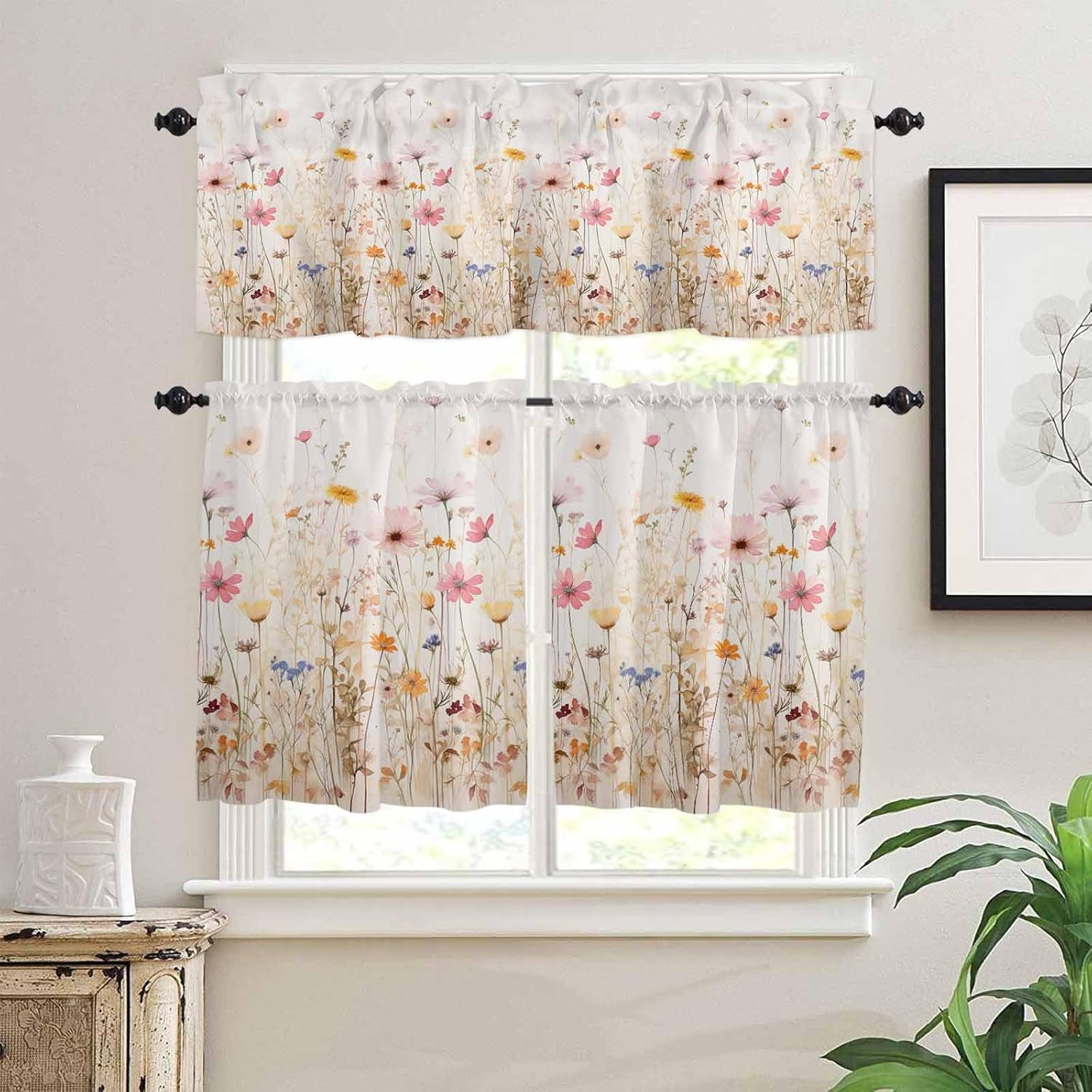 Kitchen Curtains Set, Spring Floral Kitchen Curtains and Valances Set ...