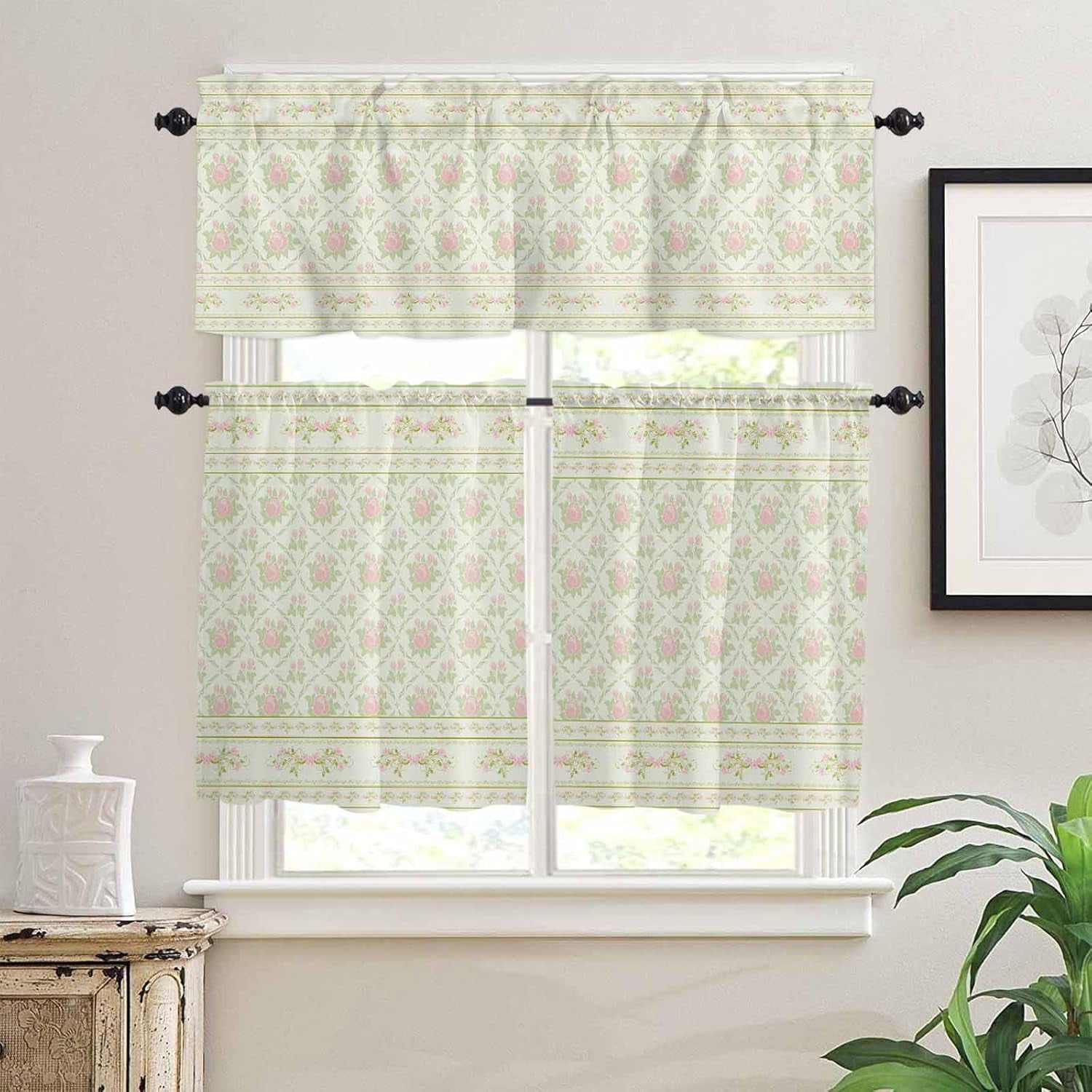 Kitchen Curtains Set, Teal Pink Spring Floral Kitchen Curtains and ...