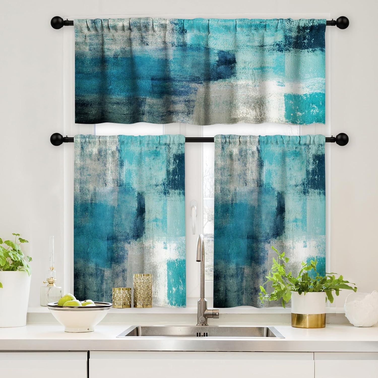 Kitchen Curtains Sets for Windows 3 Piece Teal Kitchen Curtains Valances 36 Inch Length Kitchen ...