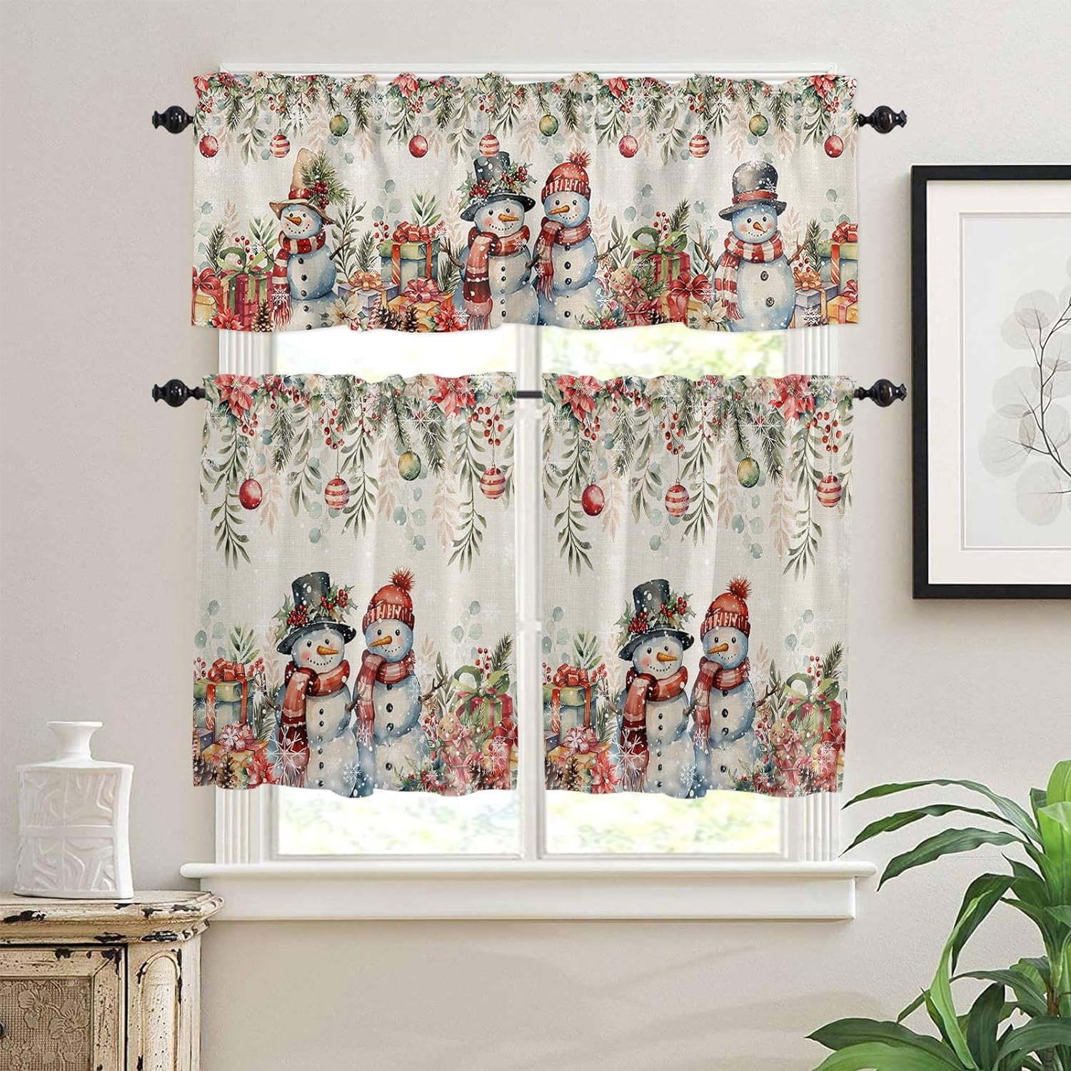 Kitchen Curtains Tiers and Valances Set, Christmas Snowman Poinsettia ...