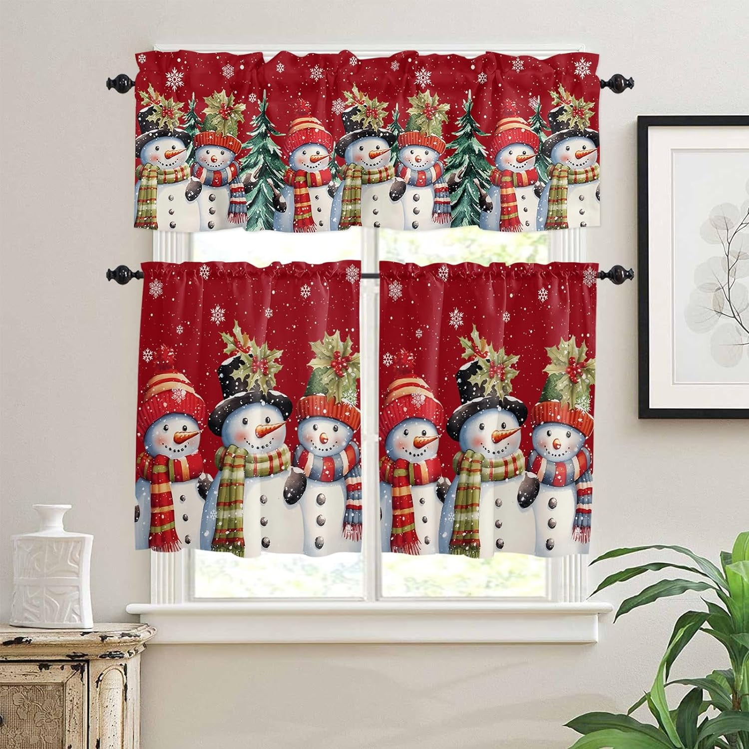 Kitchen Curtains Tiers and Valances Set, Christmas Snowman Snowflake ...