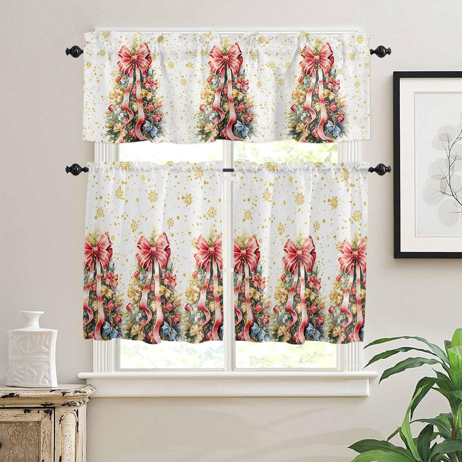 Kitchen Curtains Tiers and Valances Set, Christmas Tree Snowflakes Bow ...